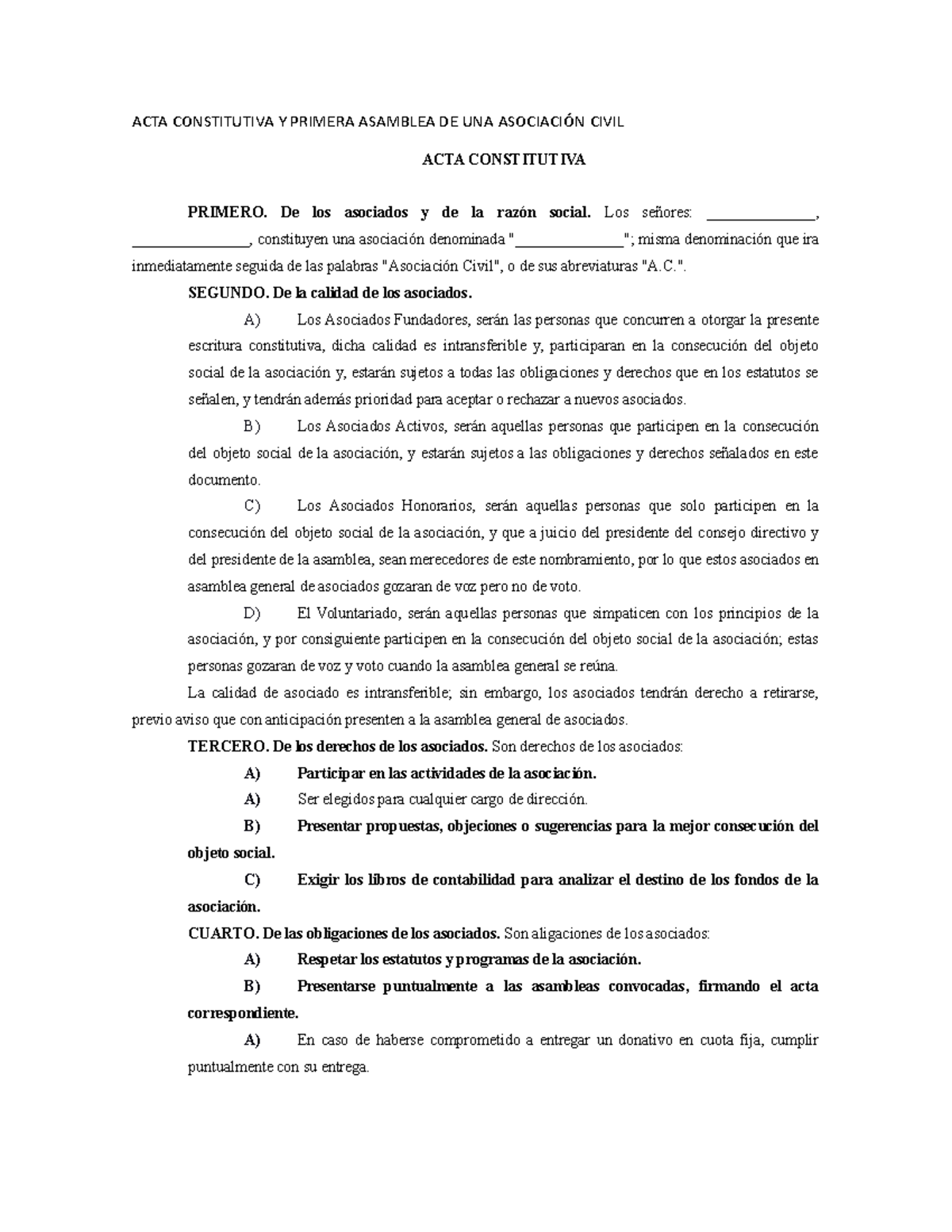 ACTA Constitutiva Y Primera Asamblea DE UNA Asociaci‡N Civil - ACTA ...