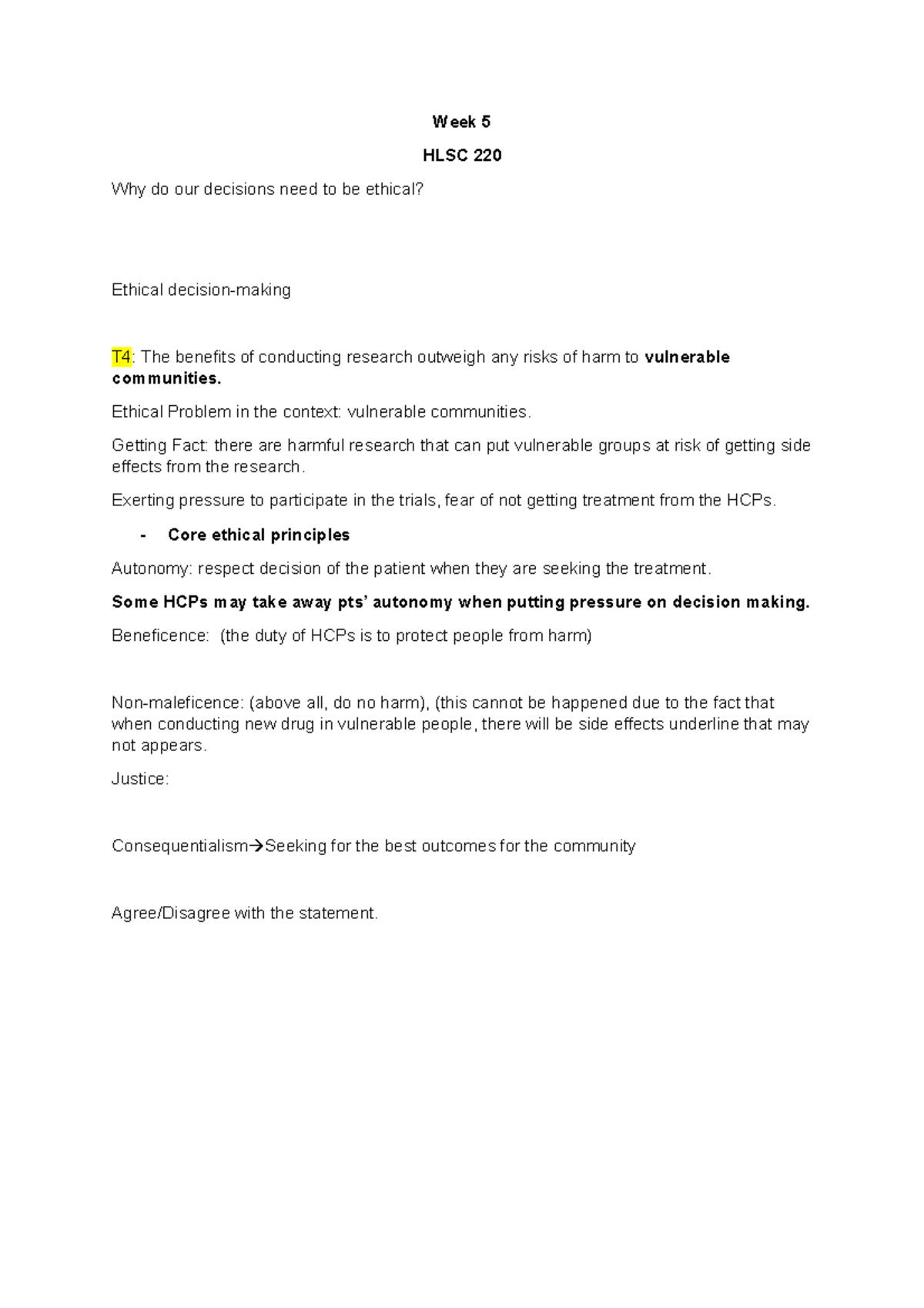 Week 5 - Week 5 tutorial notes - Week 5 HLSC 220 Why do our decisions ...