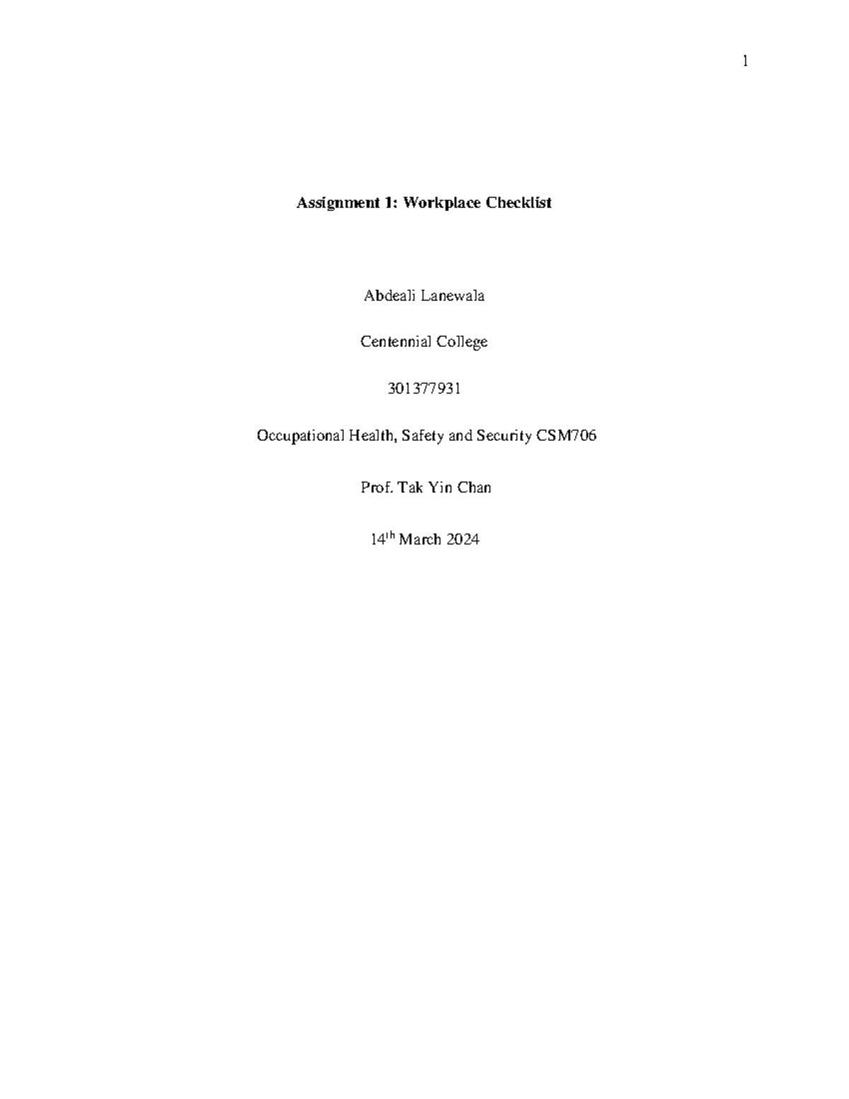 OHS A1 - Assignment of OHS course. - 1 Assignment 1: Workplace ...