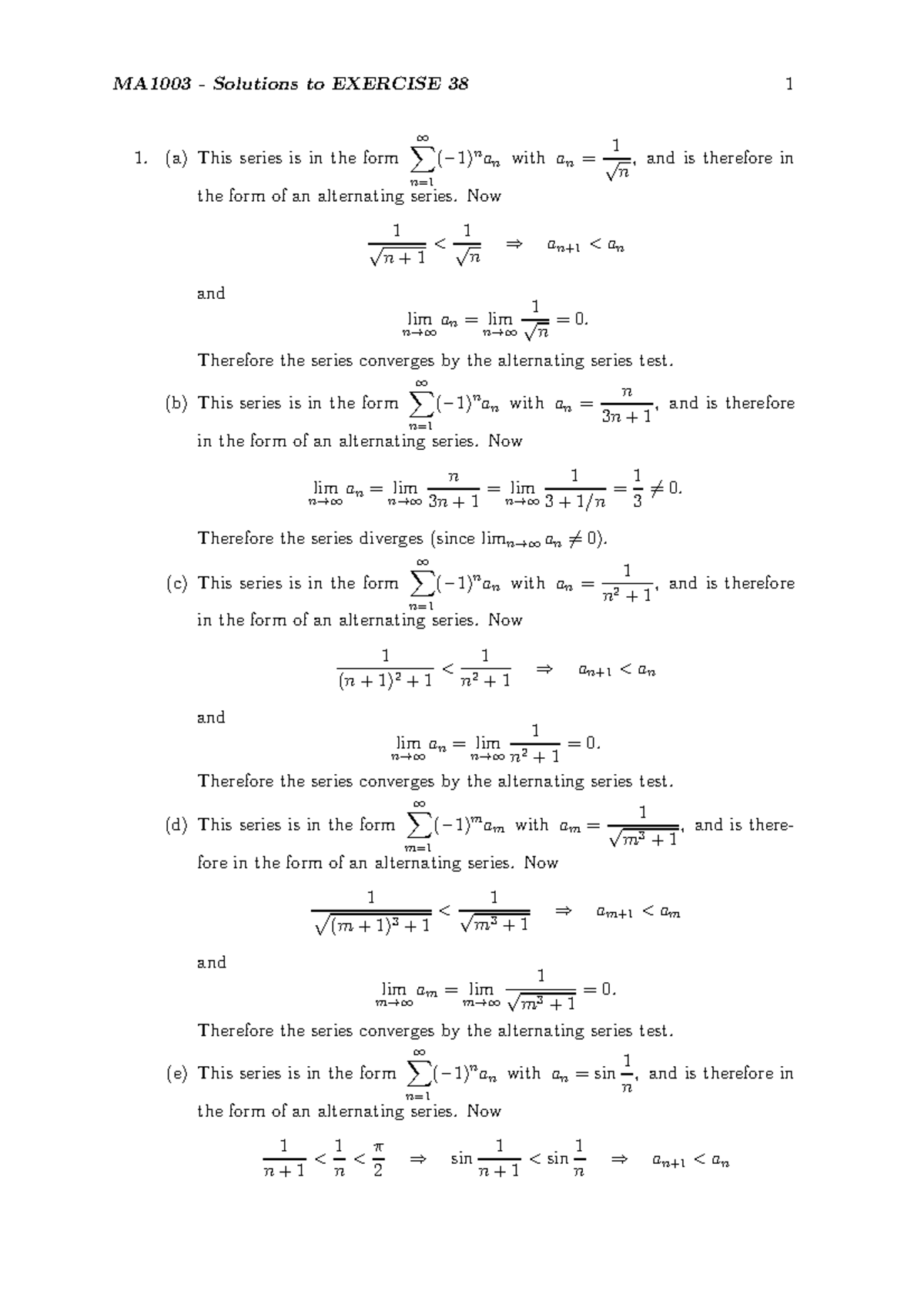 Exercise 38 Solutions - MA1003 - Solutions to EXERCISE 38 1 (a) X ∞ ...
