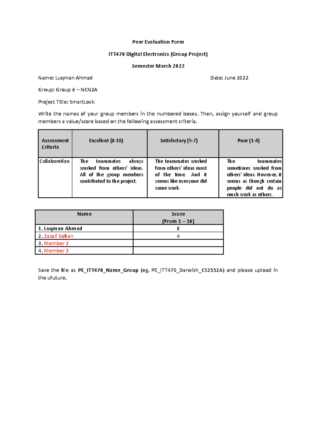 ITT470 Peer Evaluation Form June 2022 - Peer Evaluation Form ITT470 ...