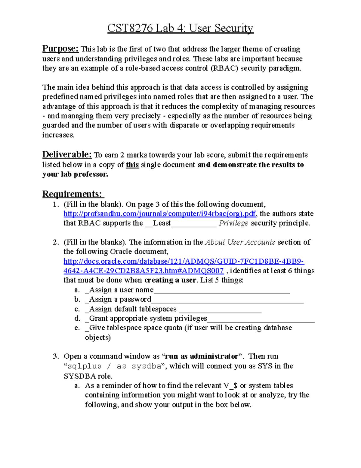 CST8276 Lab 4 - User Security-Winter 2021 - Purpose: This lab is the first of two that address ...