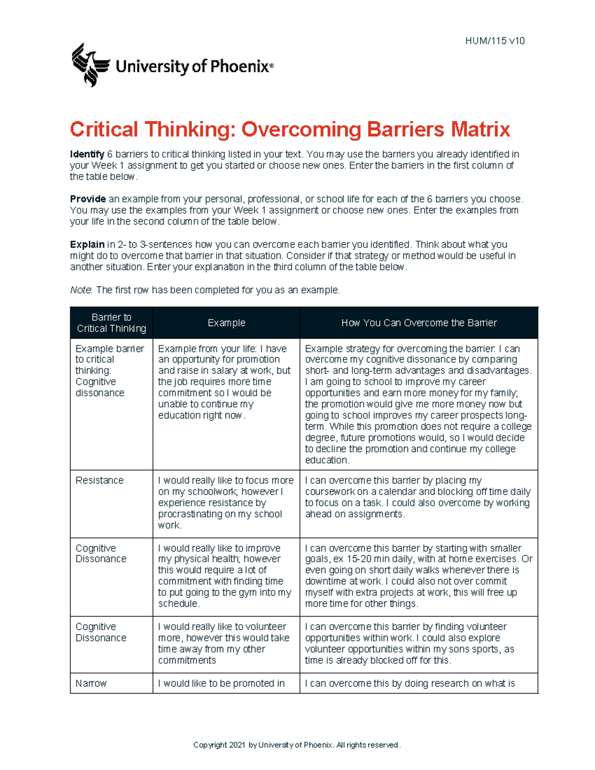 Hum115 v10 wk3 critical thinking overcoming barriers matrix+ - HUM/115 v Critical Thinking ...