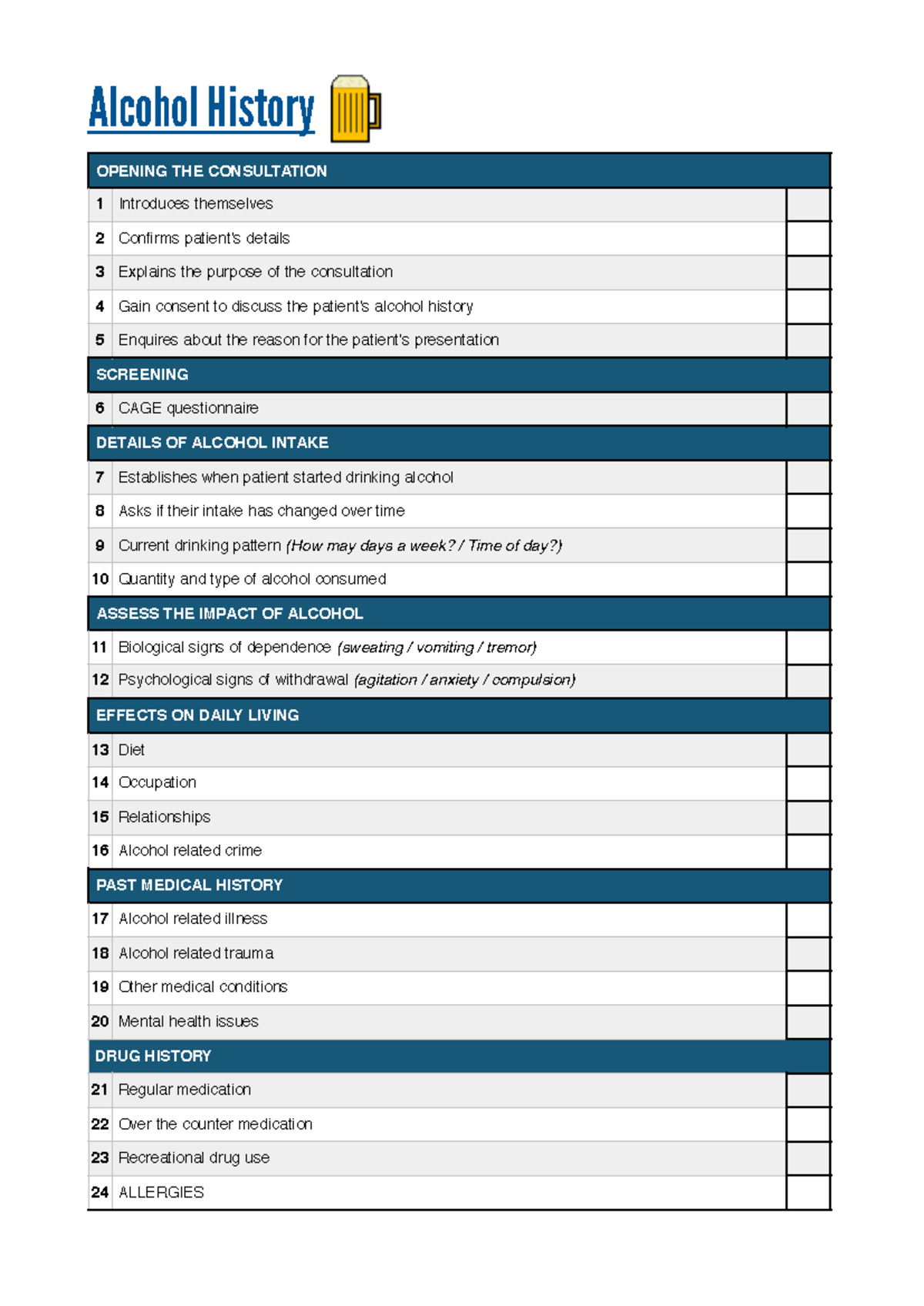 Alcohol History Taking OSCE Mark Scheme - Alcohol History OPENING THE ...