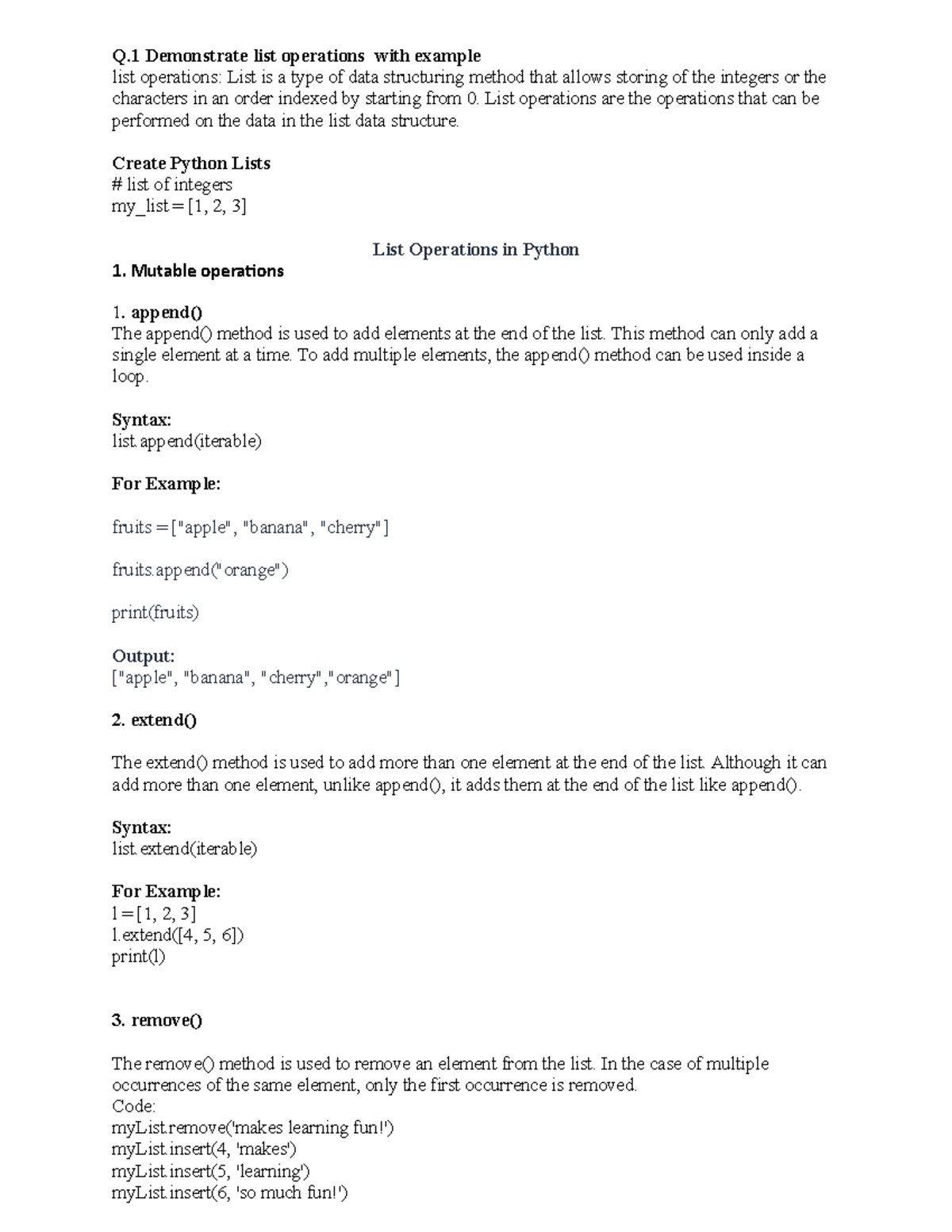 Unit-3 - VHKVLKVH N, - Q Demonstrate list operations with example list ...