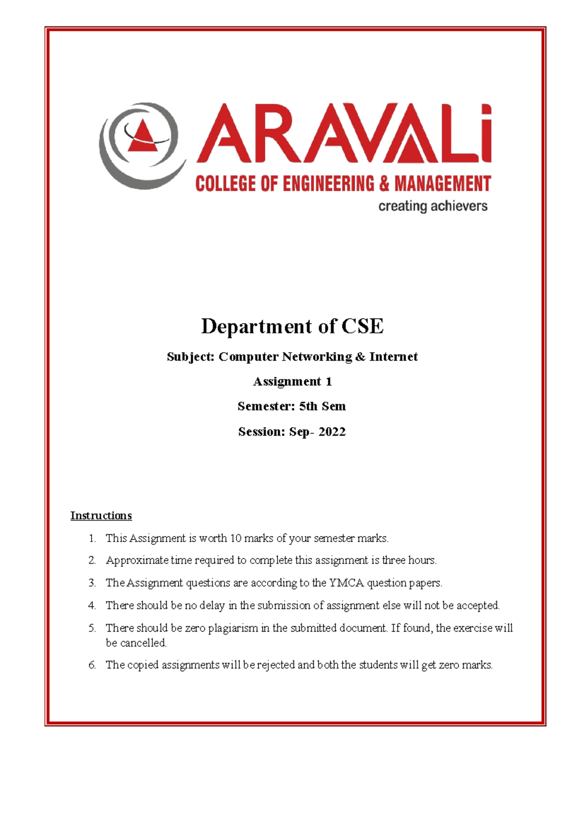 CN CSE6th Assignment 1 - Department of CSE Subject: Computer Networking & Internet Assignment 1 ...