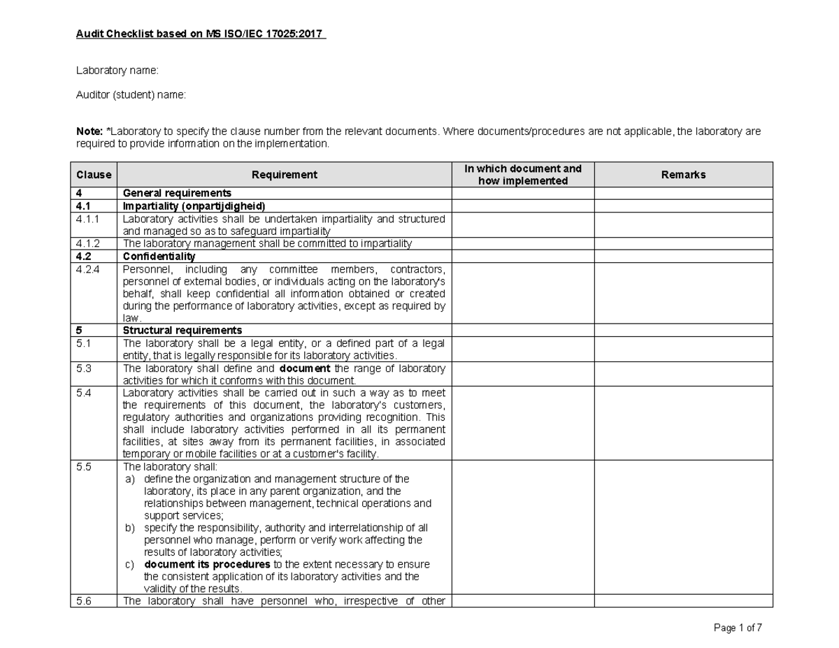 Checklist-ISO-IEC-17025-2017 english student - Audit Checklist based on MS ISO/IEC 17025 ...