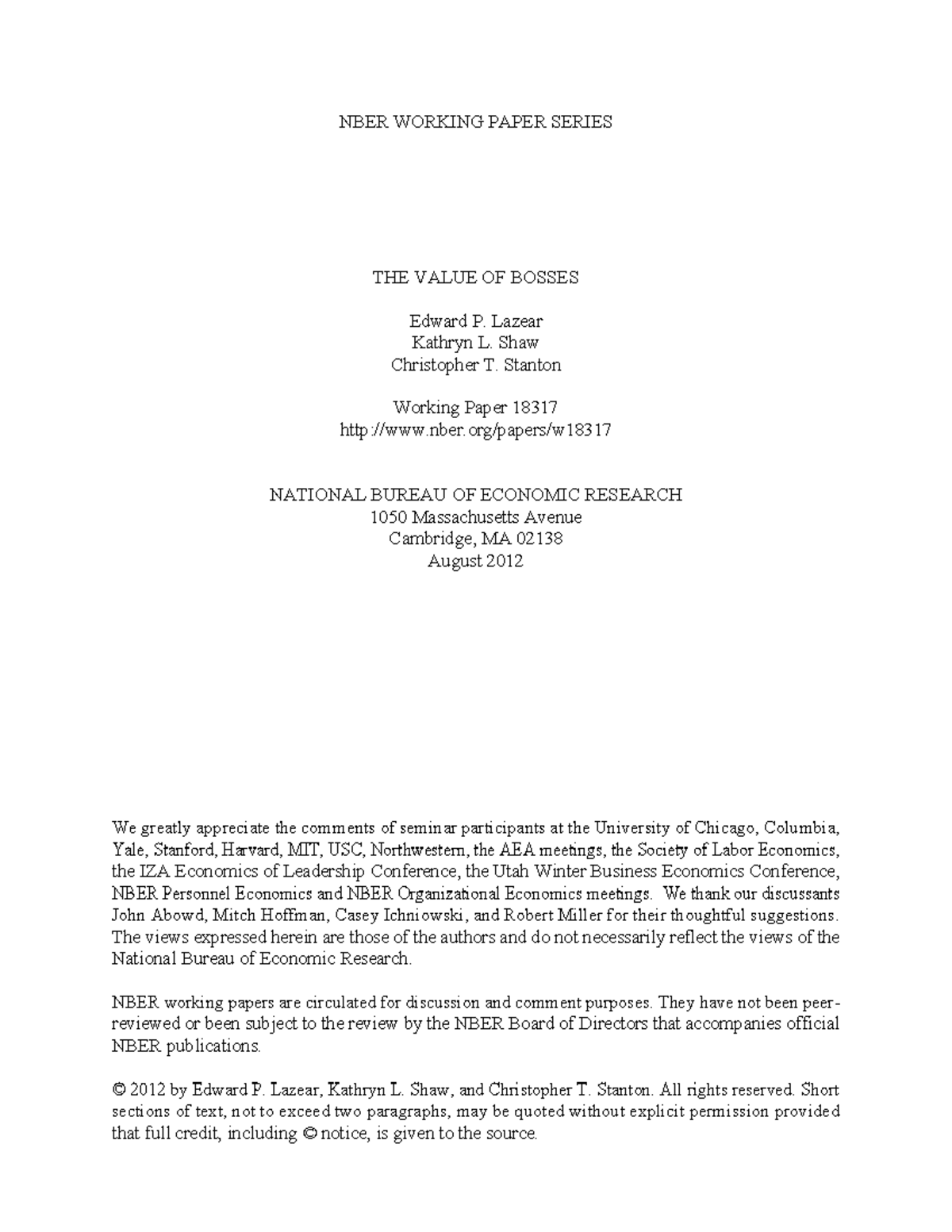 Paper the Value of Bosses - NBER WORKING PAPER SERIES THE VALUE OF ...