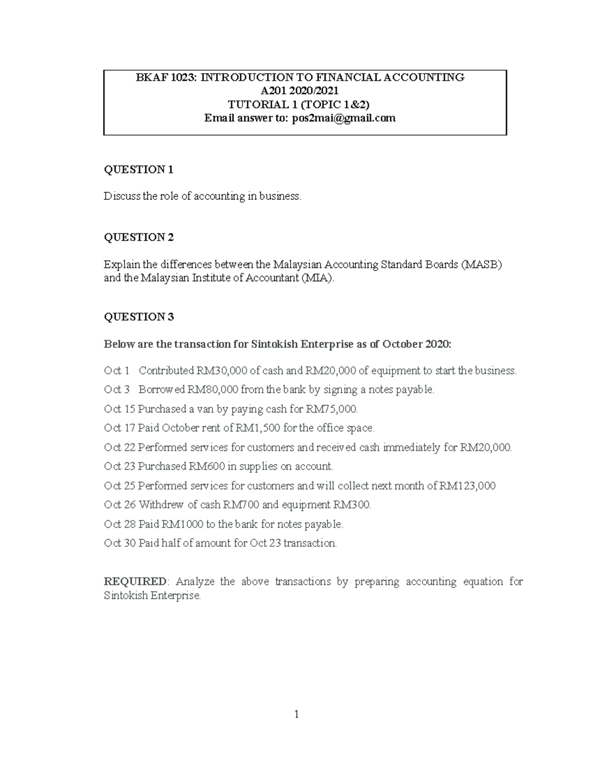 BKAF1023 Intro to Financial Accounting Tutorial 1 Questions - BKAF 1023 ...