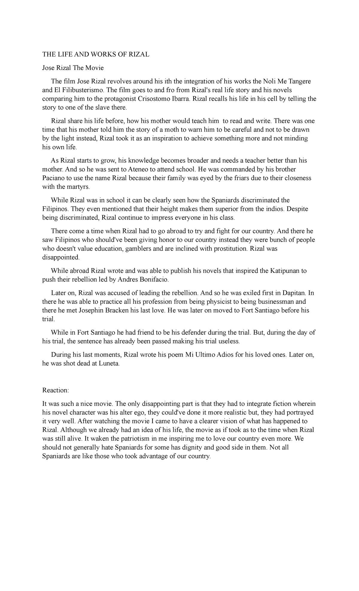 Rizal-movie - Summary of Life of Rizal - THE LIFE AND WORKS OF RIZAL ...