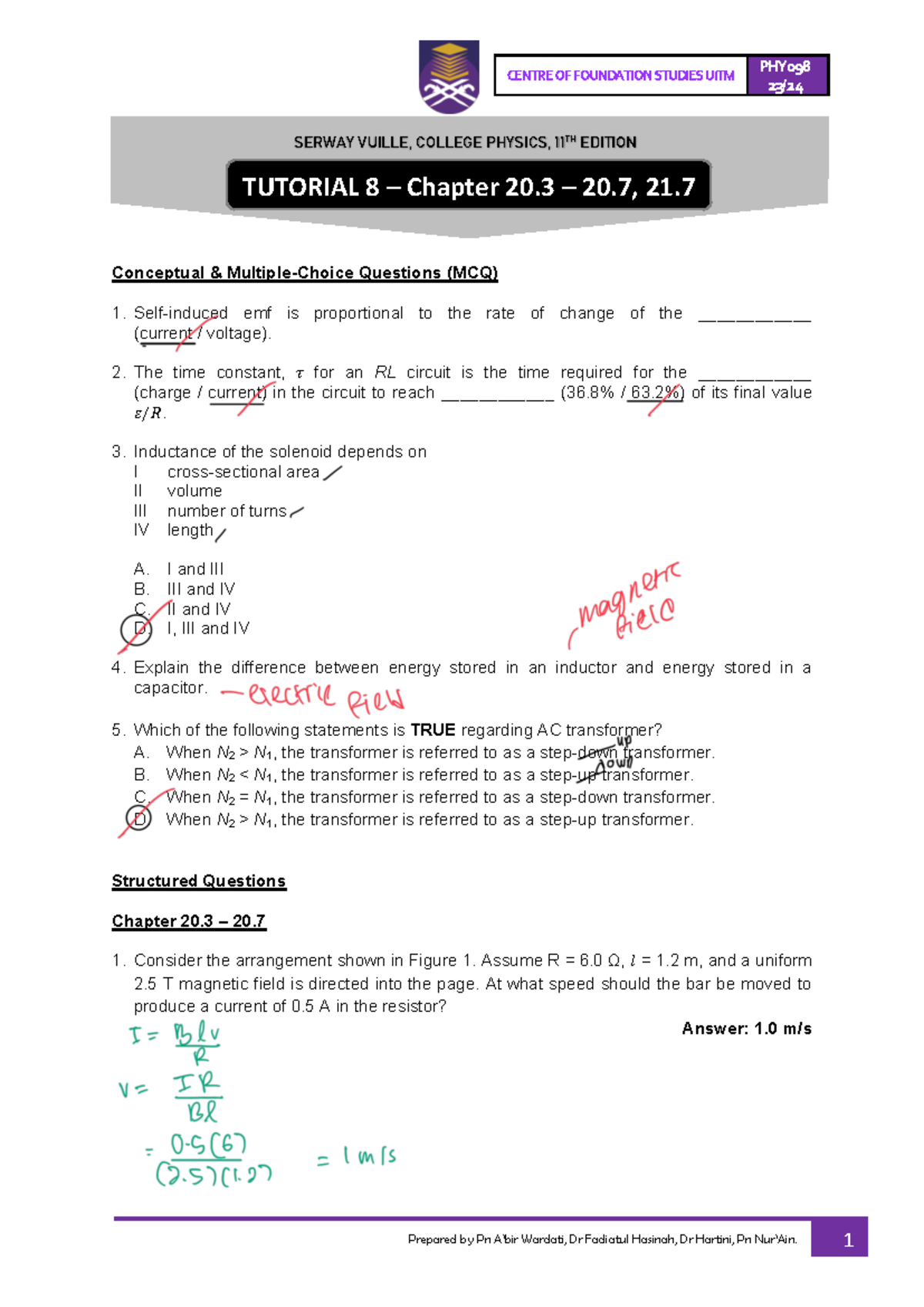 Tutorial 8 PHY098 - CENTRE OF FOUNDATION STUDIES UiTM 23/ Conceptual & Multiple-Choice Questions ...