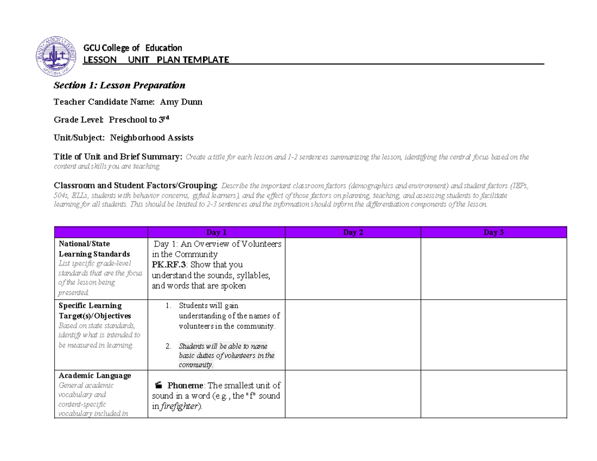 3-day unit plan - unit plan - Section 1: Lesson Preparation Teacher ...