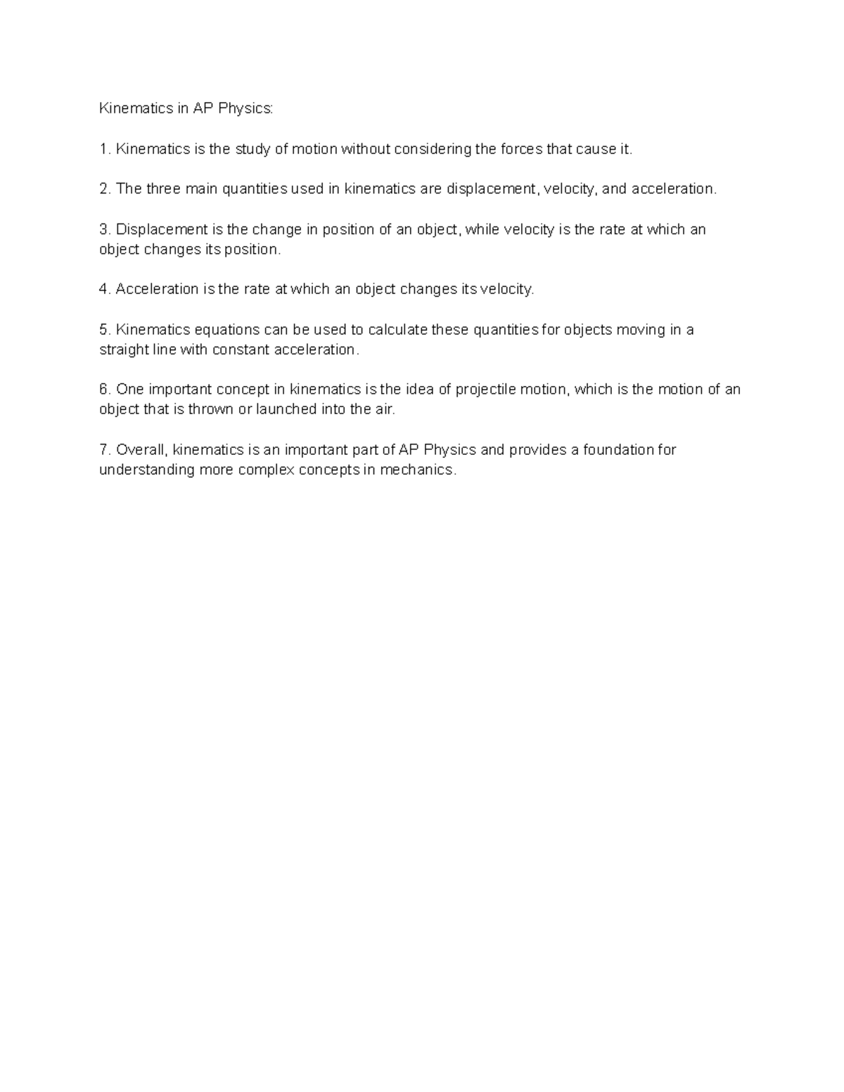 Kinematics AP Physics Notes - Kinematics in AP Physics: Kinematics is ...