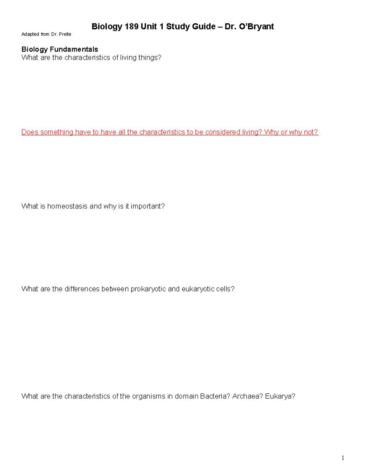 Unit 1 Study Guide - Biology 189 Unit 1 Study Guide – Dr. O’Bryant ...
