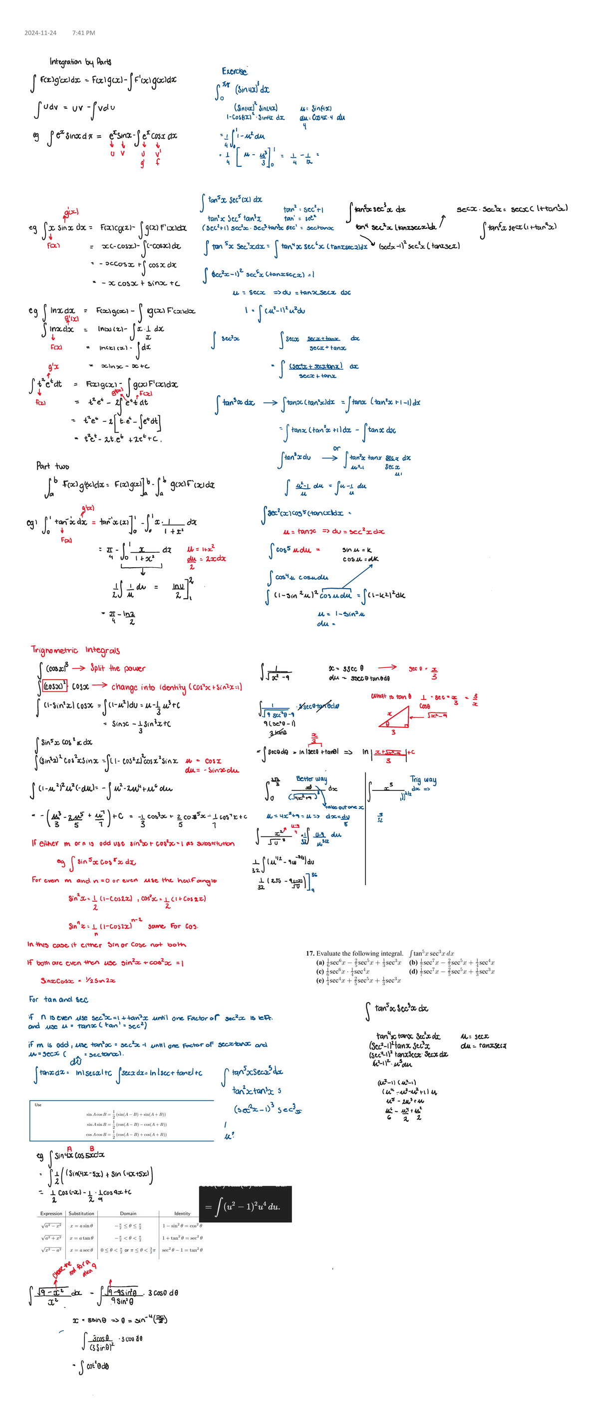 Trig integration - Trig notes - 2024-11-24 7:41 PM Integration by Parts ...