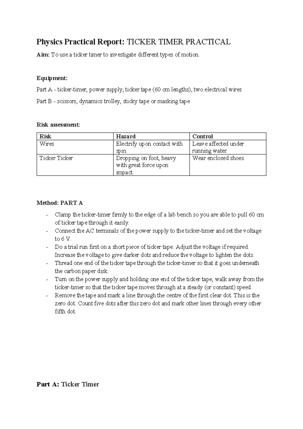 Ticker Timer Practical report - Physics Practical Report: TICKER TIMER ...