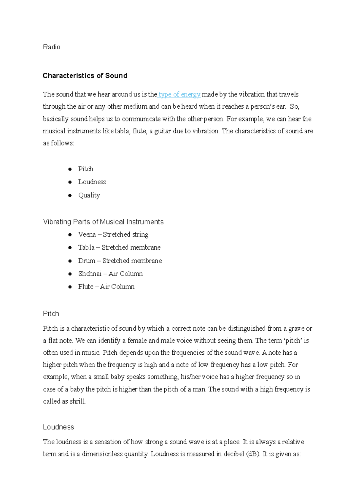 properties of sound - Radio Characteristics of Sound The sound that we ...
