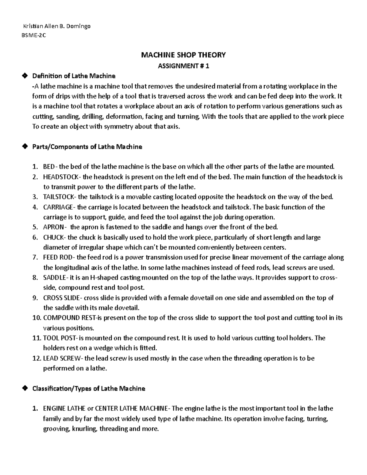 Machine Shop ASSIGNMENT - Kristian Allen B. Domingo BSME-2C MACHINE ...