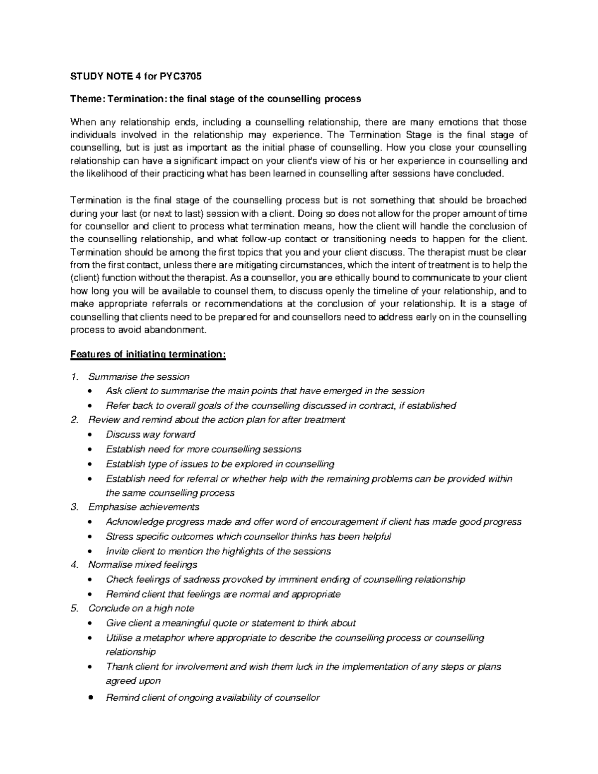 Termination of a counselling session - STUDY NOTE 4 for PYC Theme ...