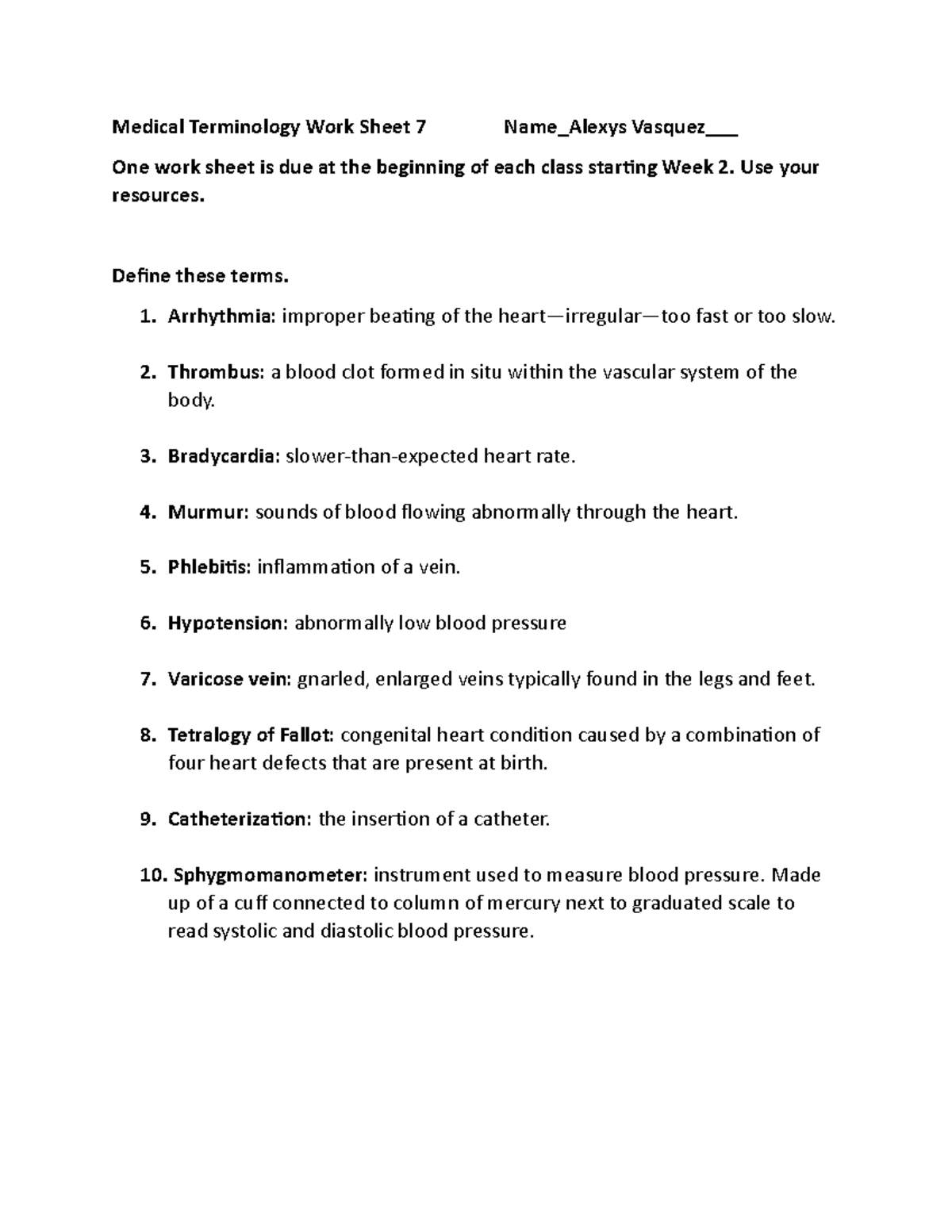 Medical Terminology Worksheet 7 NUR 201 - Medical Terminology Work ...