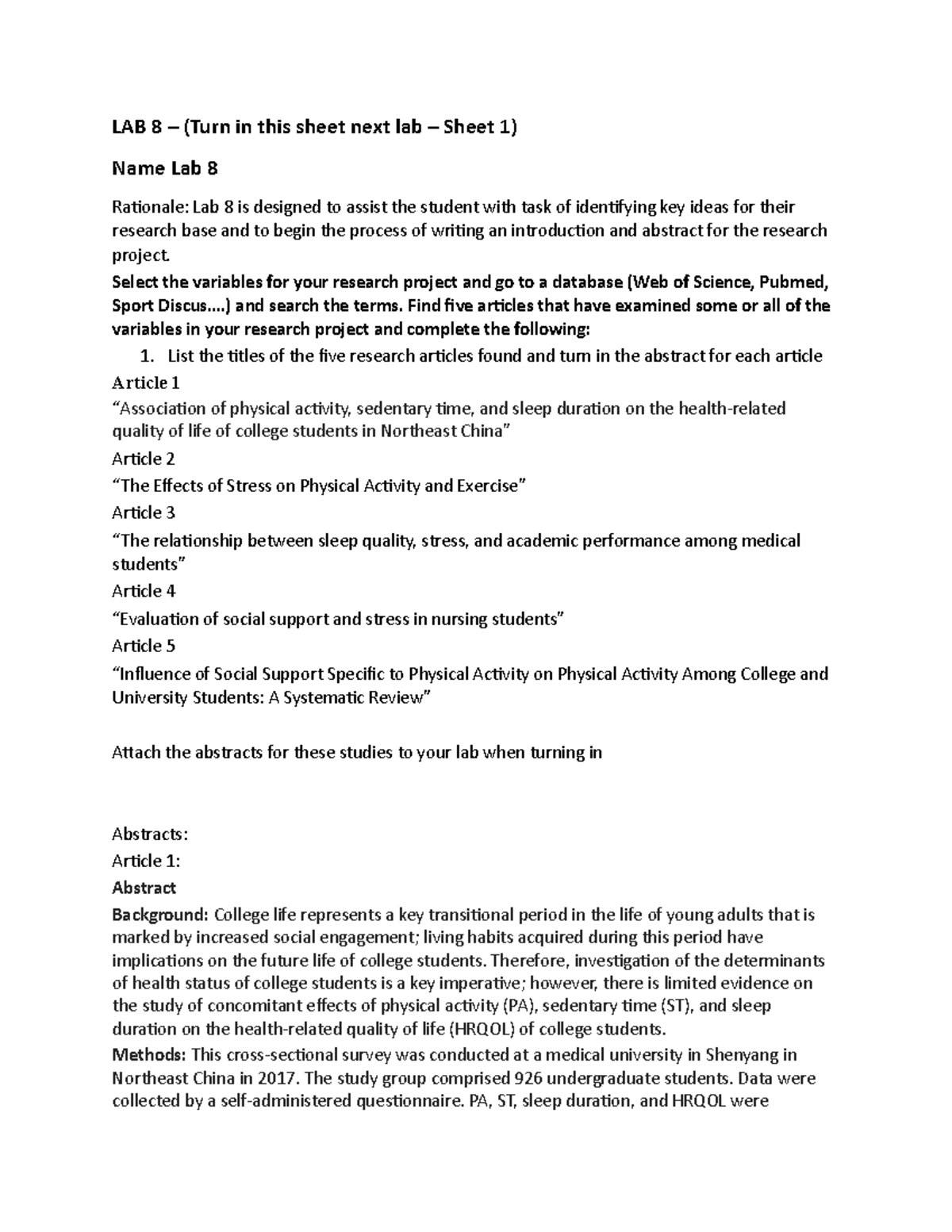Kinesiology 310 Lab 8 Research Base - LAB 8 – (Turn in this sheet next lab – Sheet 1) Name Lab 8 ...