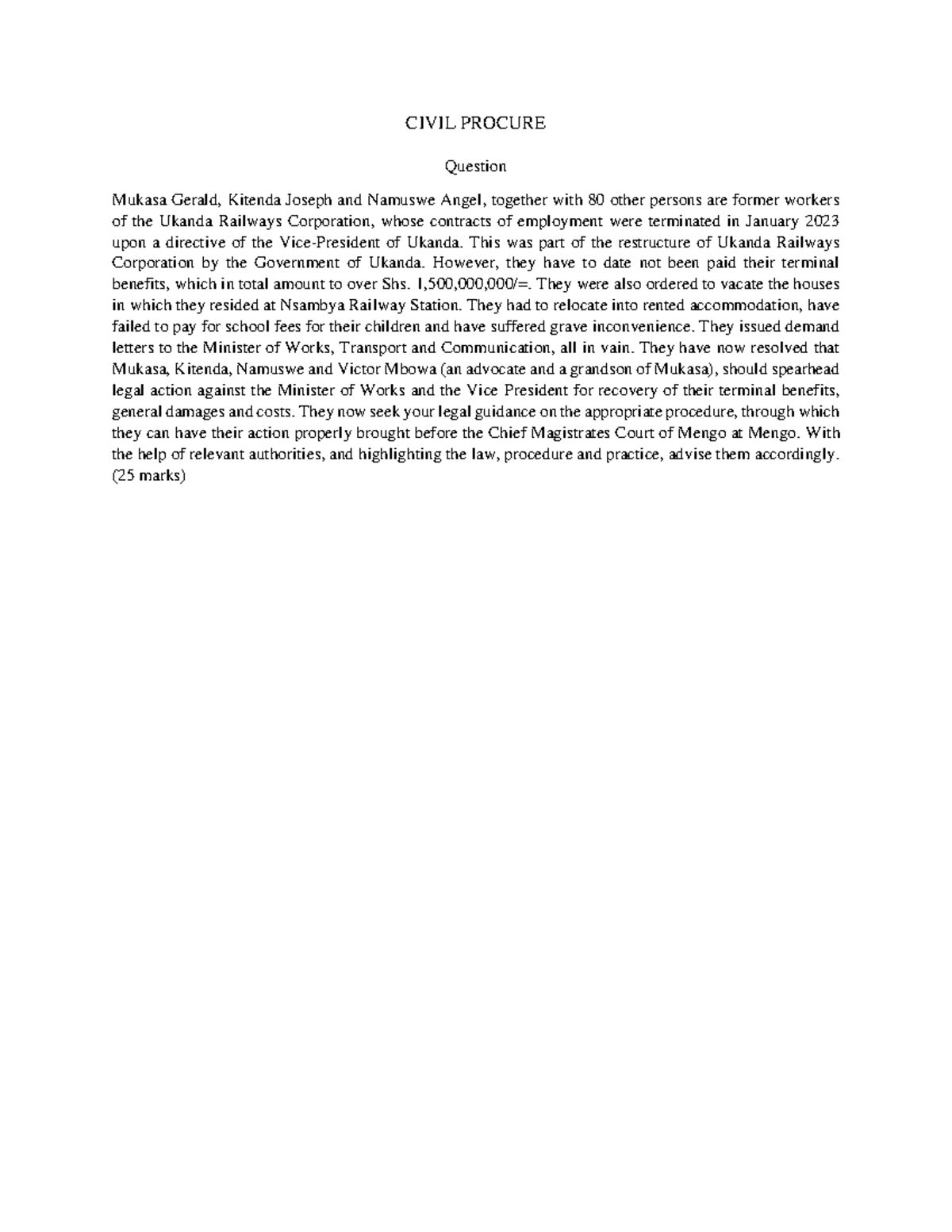 Civil Procure. Problem Question pdf - CIVIL PROCURE Question Mukasa ...