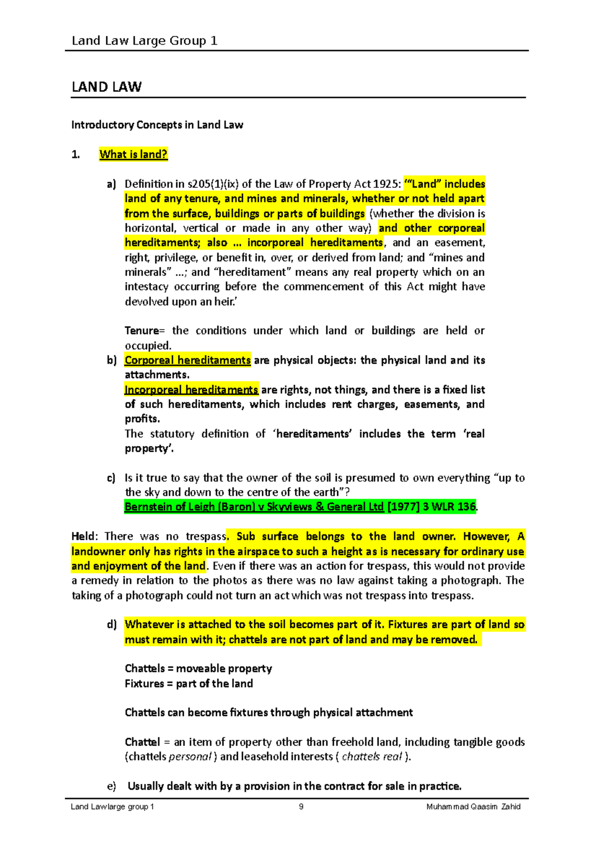 Large group 1 notes - Land Law Large Group 1 LAND LAW Introductory ...