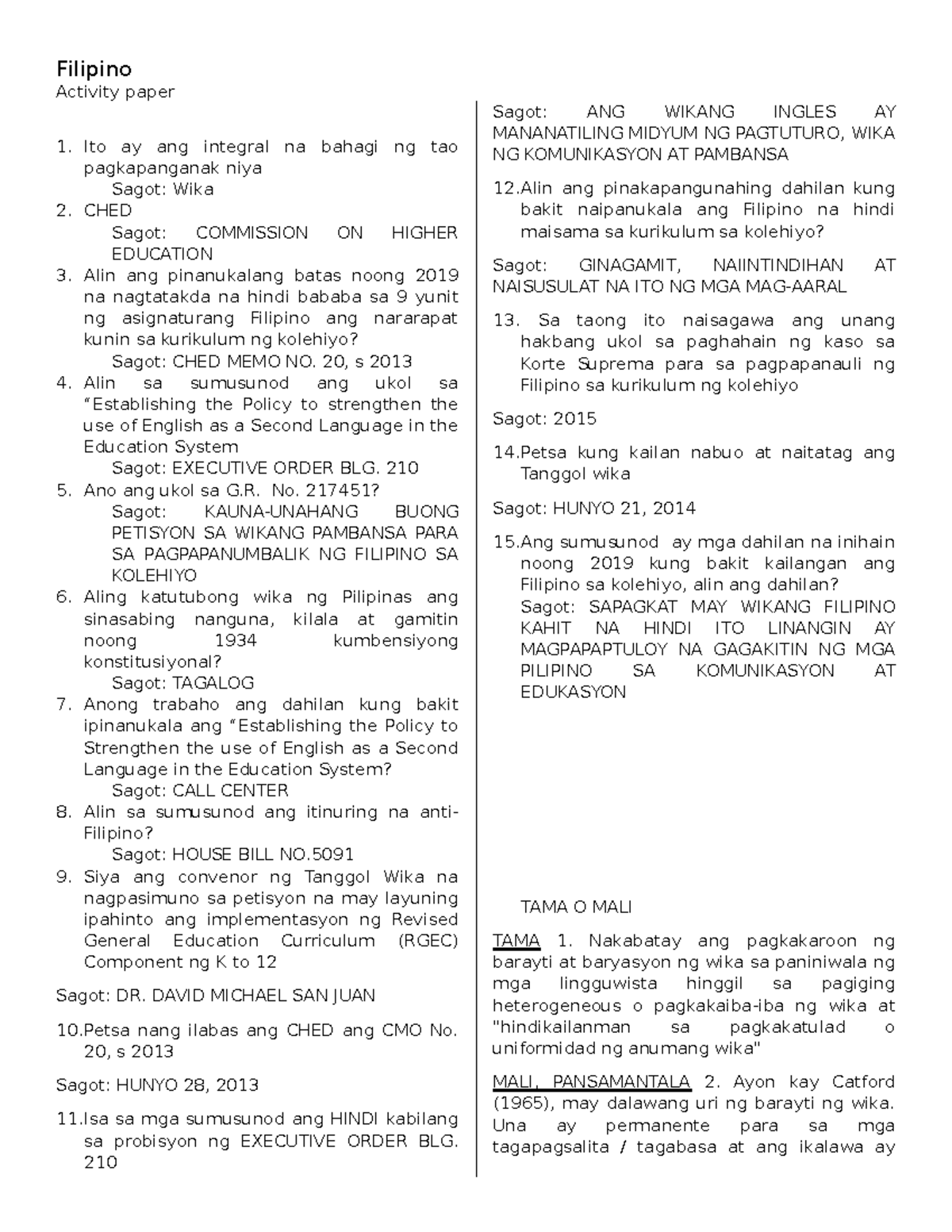 Nakakabaliw KANA Filipino - Filipino Activity paper Ito ay ang integral ...
