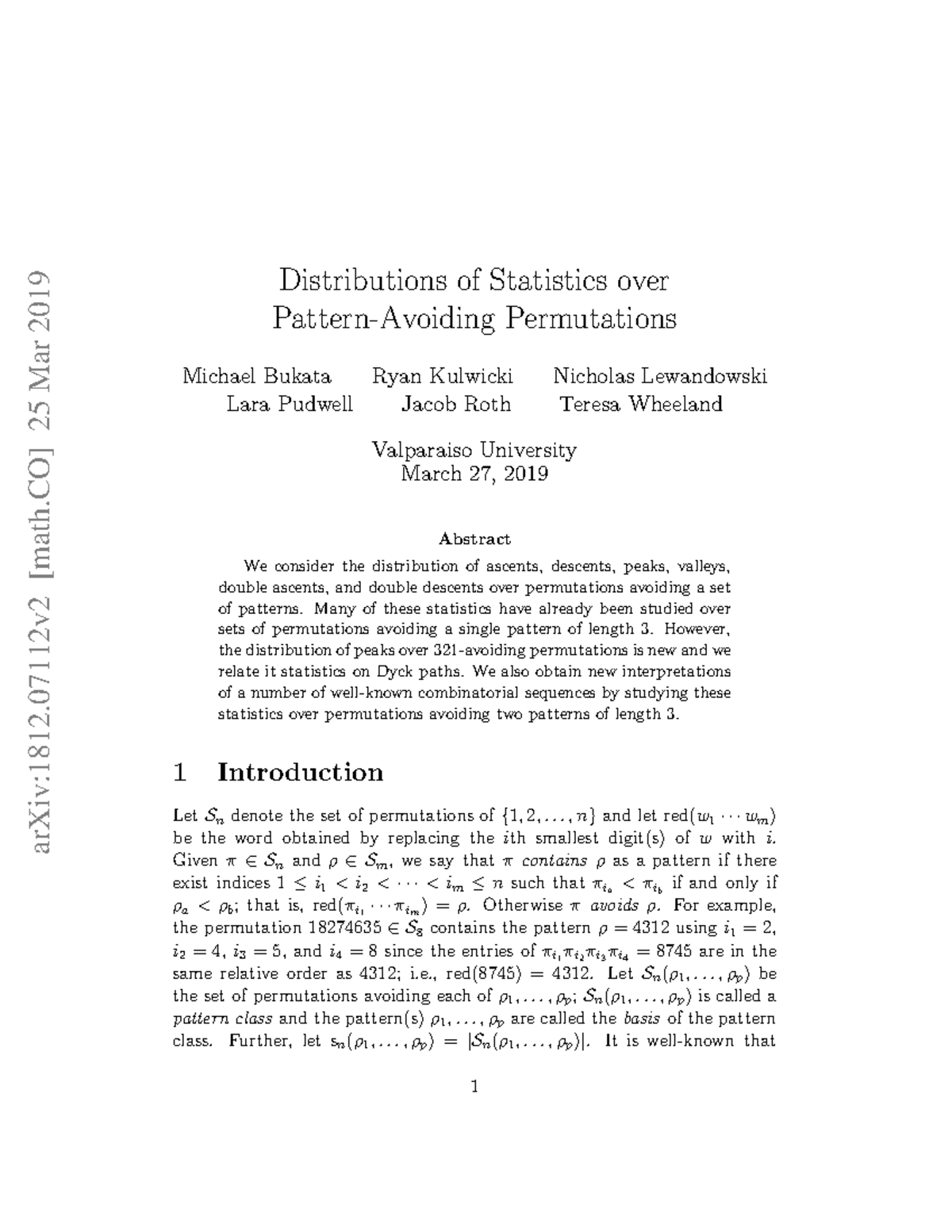 Distributions of Statistics over Pattern - arXiv:1812 [math] 25 Mar ...