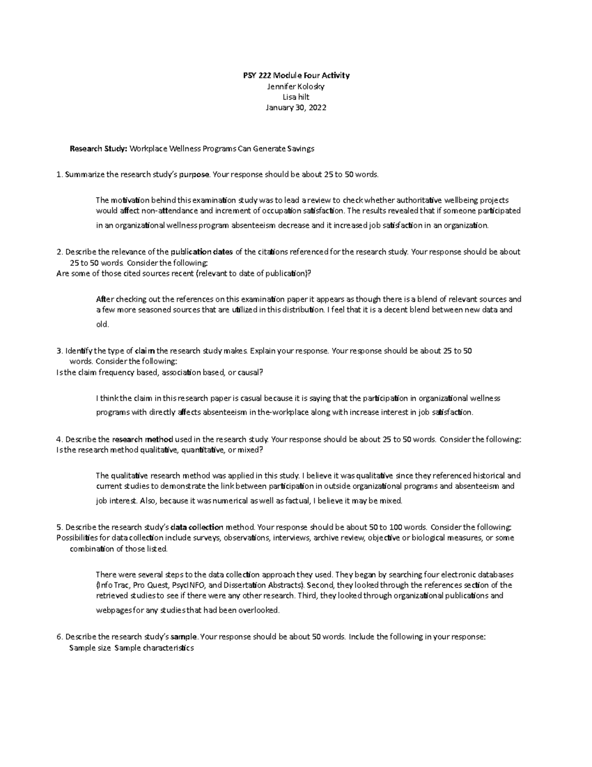 PSY 222 Module Four Activity - PSY 222 Module Four Activity Jennifer Kolosky Lisa hilt January ...