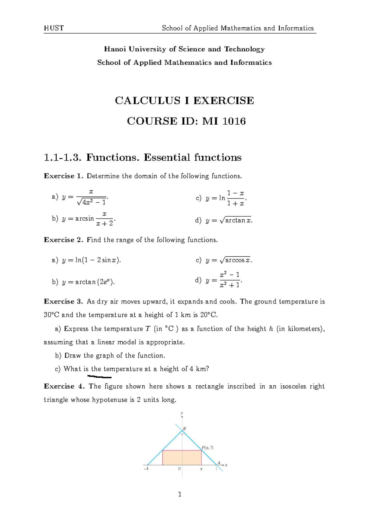 MI1016-Calculus 1-Exercises - Hanoi University of Science and Technology School of Applied - Studocu