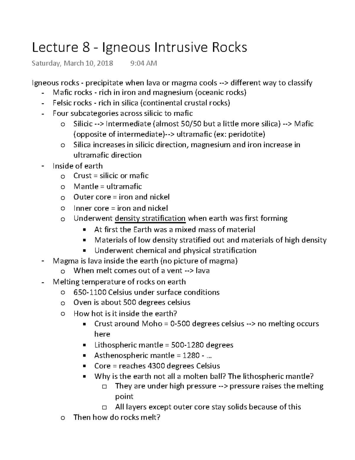 Lecture 8 - Igneous Intrusive Rocks - Partial melting Not all minerals ...