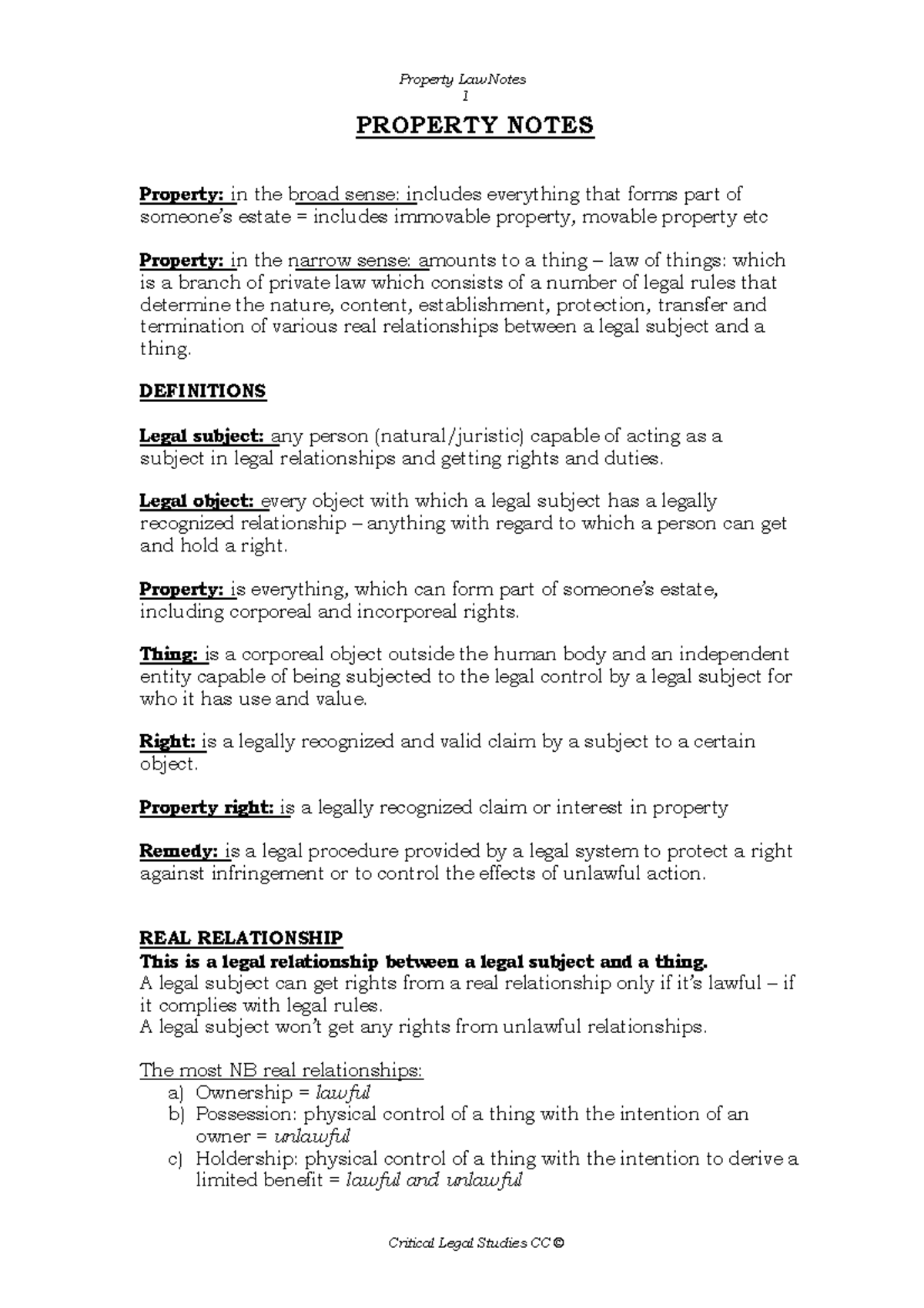 Law of Property Notes - Property Law Notes 1 PROPERTY NOTES Property ...