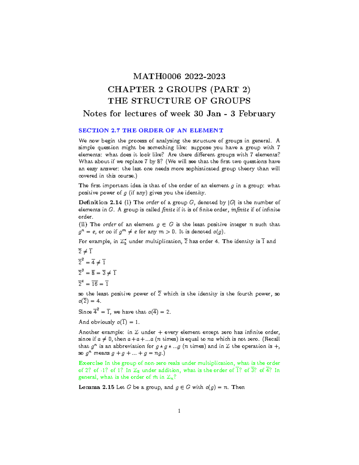 MATH0006 2223 Ch 2 part 2 - MATH0006 2022- CHAPTER 2 GROUPS (PART 2) THE STRUCTURE OF GROUPS ...