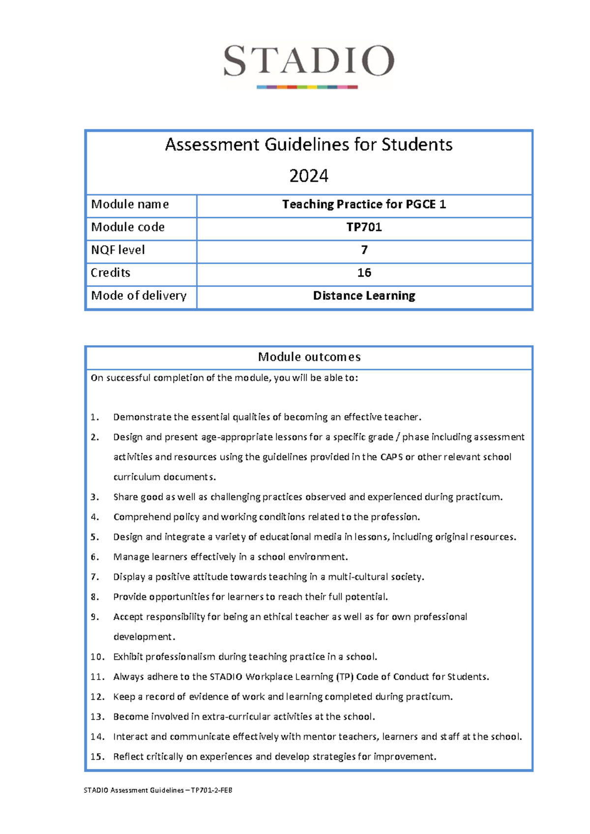 Stadio Assessments Guidelines - TP701 DL - Assessment Guidelines for ...