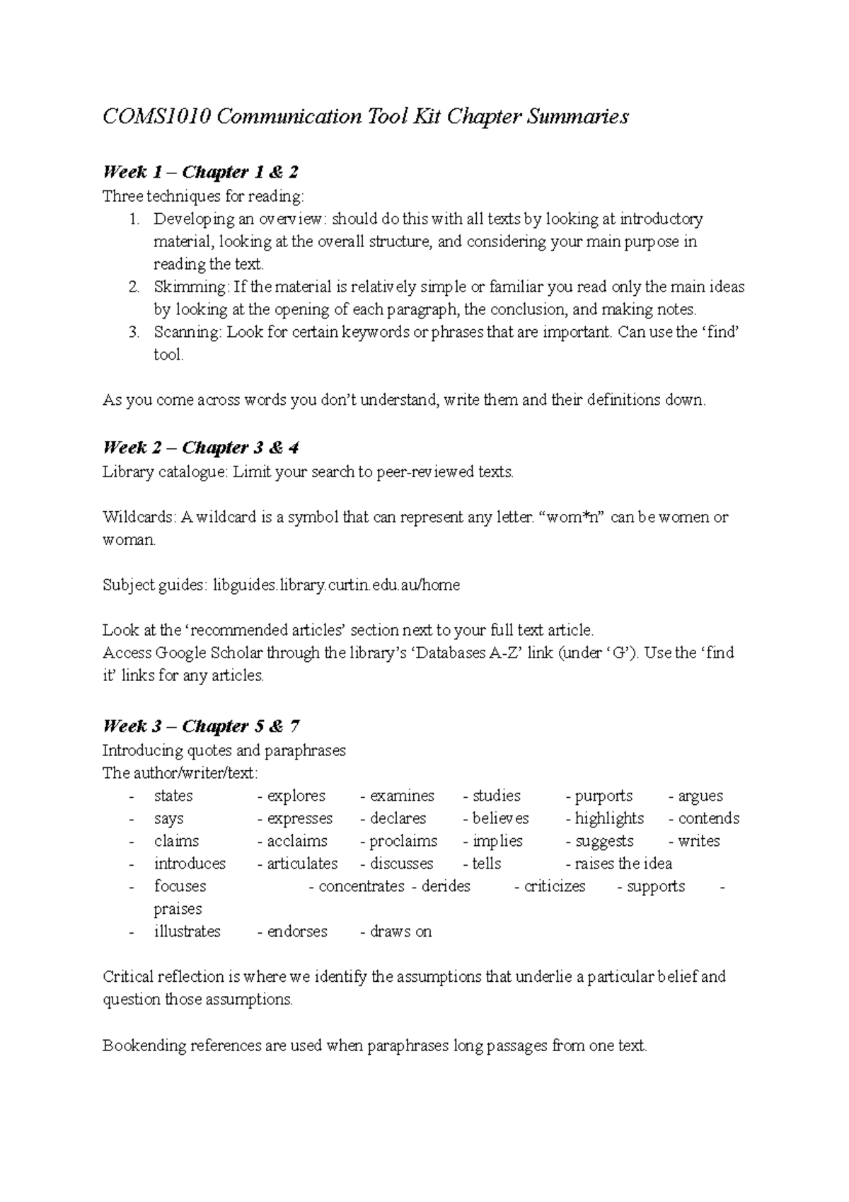 COMS1010 Communication Tool Kit Chapter Summaries - Developing an ...