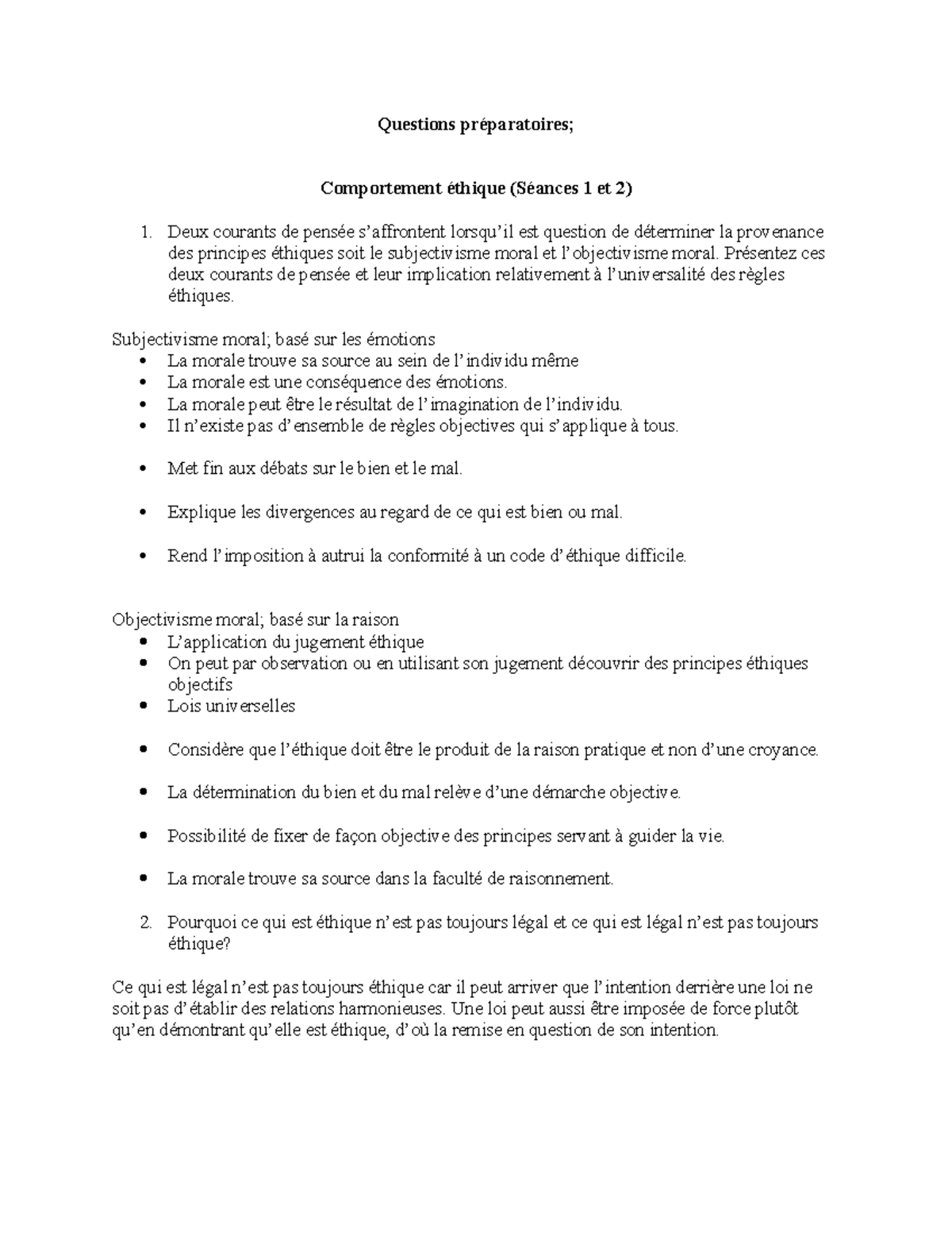 Questions Préparatoires - Questions préparatoires; Comportement éthique ...
