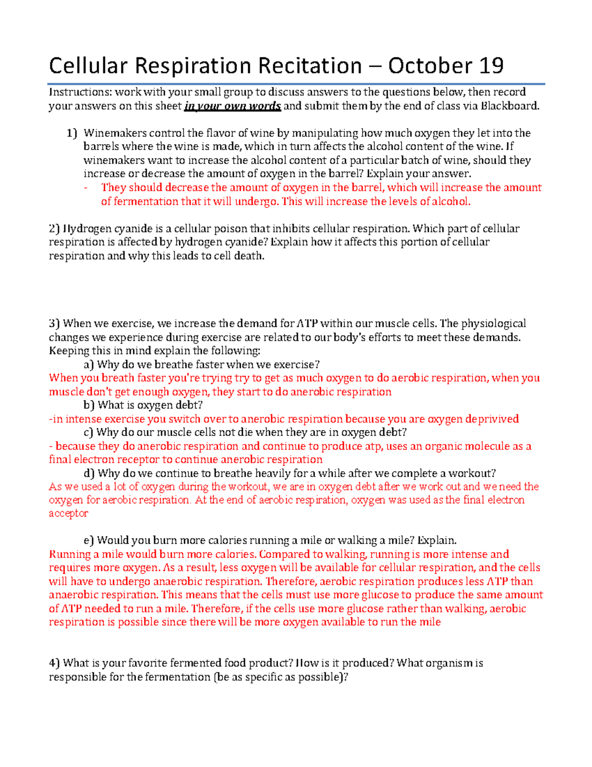 Cellular Respiration Answer Sheet - Cellular Respiration Recitation ...