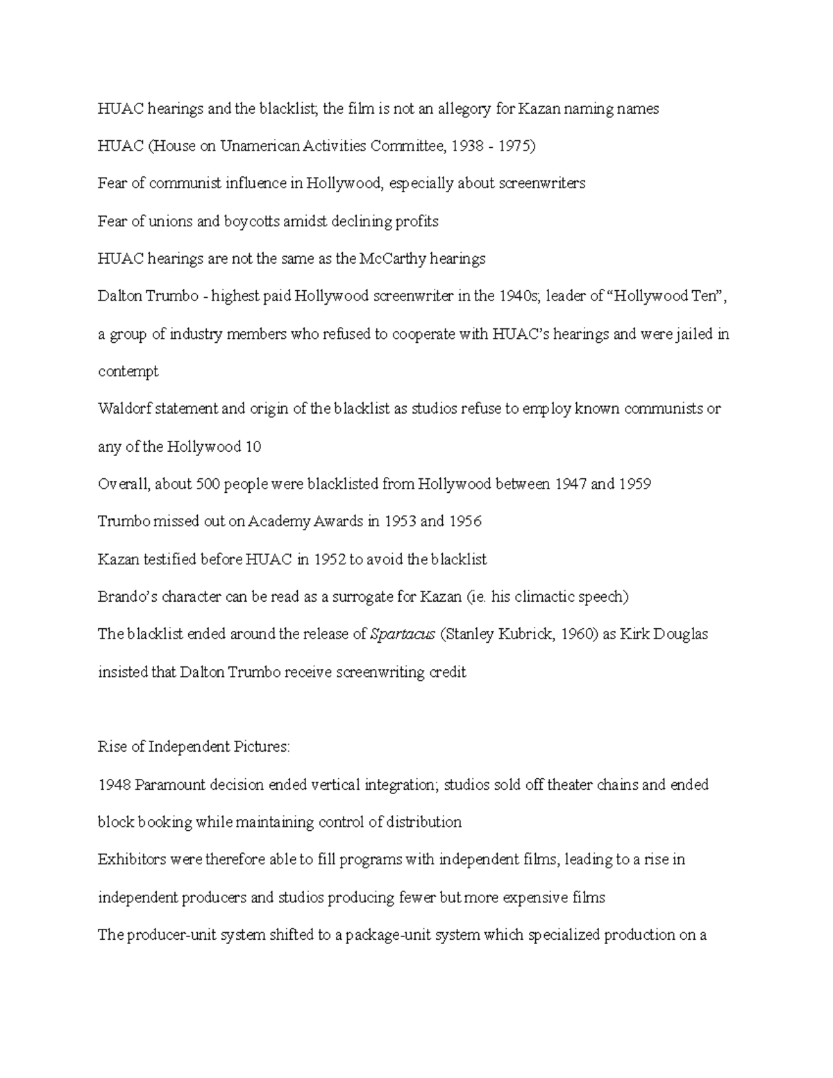 Week 15 - Comprehensive summary of lecture and readings - HUAC hearings ...