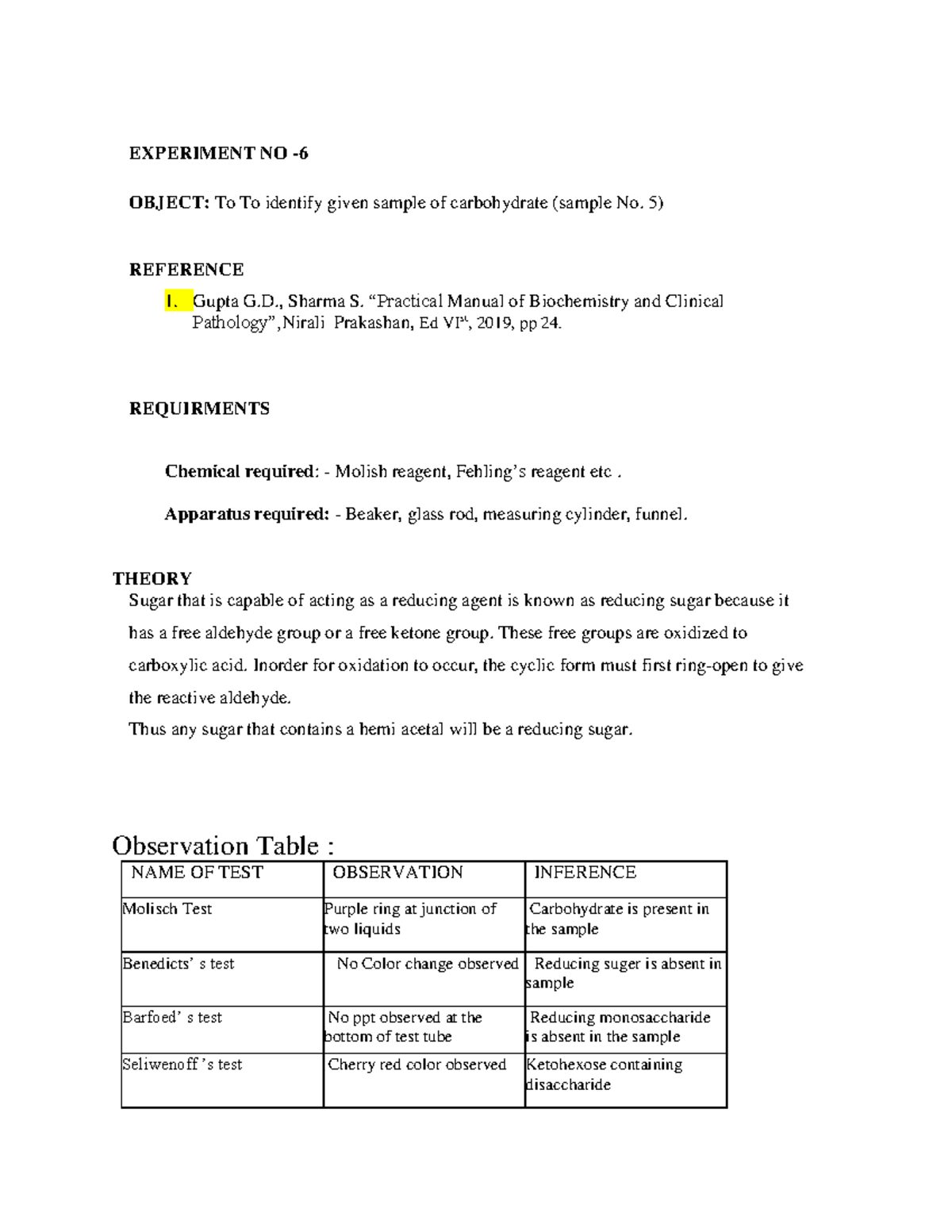 Experiment NO 6 , Biochemistry - EXPERIMENT NO - 6 OBJECT: To To ...
