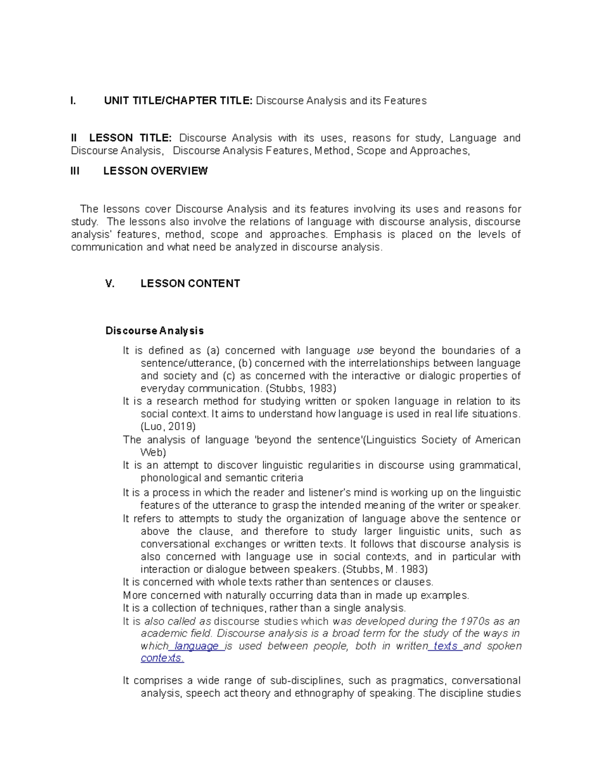 English Discourse 3 - For Educational purposes - I. UNIT TITLE/CHAPTER TITLE: Discourse Analysis ...
