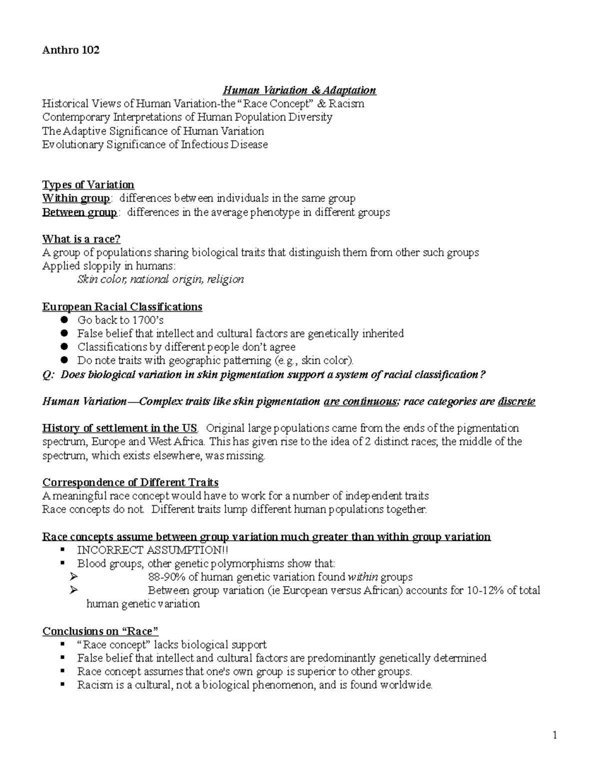 Lecture 7 notes - Professor Linville - Anthro 102 Human Variation ...