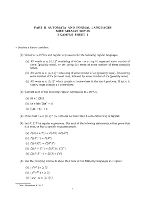 Automata and Formal Languages 2017-2018 Example Sheet 2 - PART II AUTOMATA AND FORMAL LANGUAGES ...