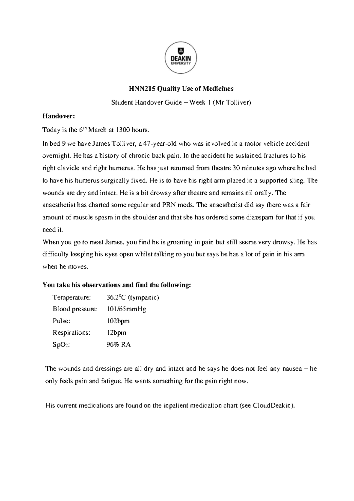 HNN215 Student Handover Week 1 - HNN215 Quality Use of Medicines ...