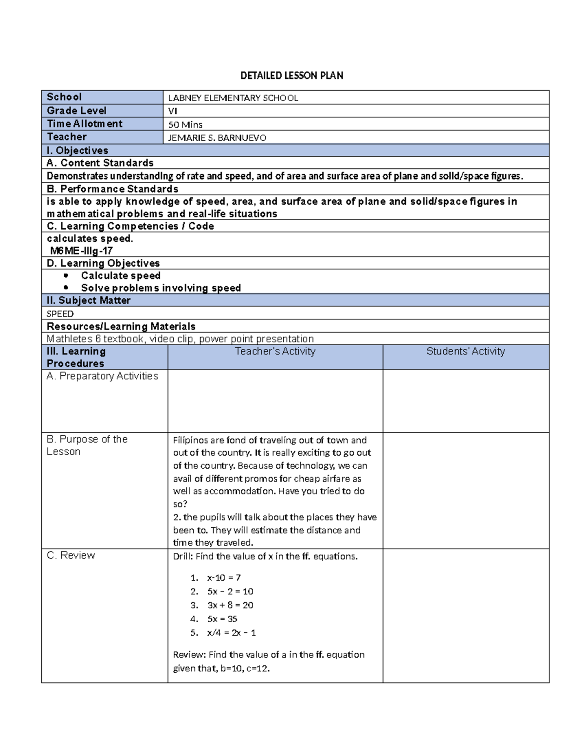 Speed - Hshsjs - DETAILED LESSON PLAN School LABNEY ELEMENTARY SCHOOL ...