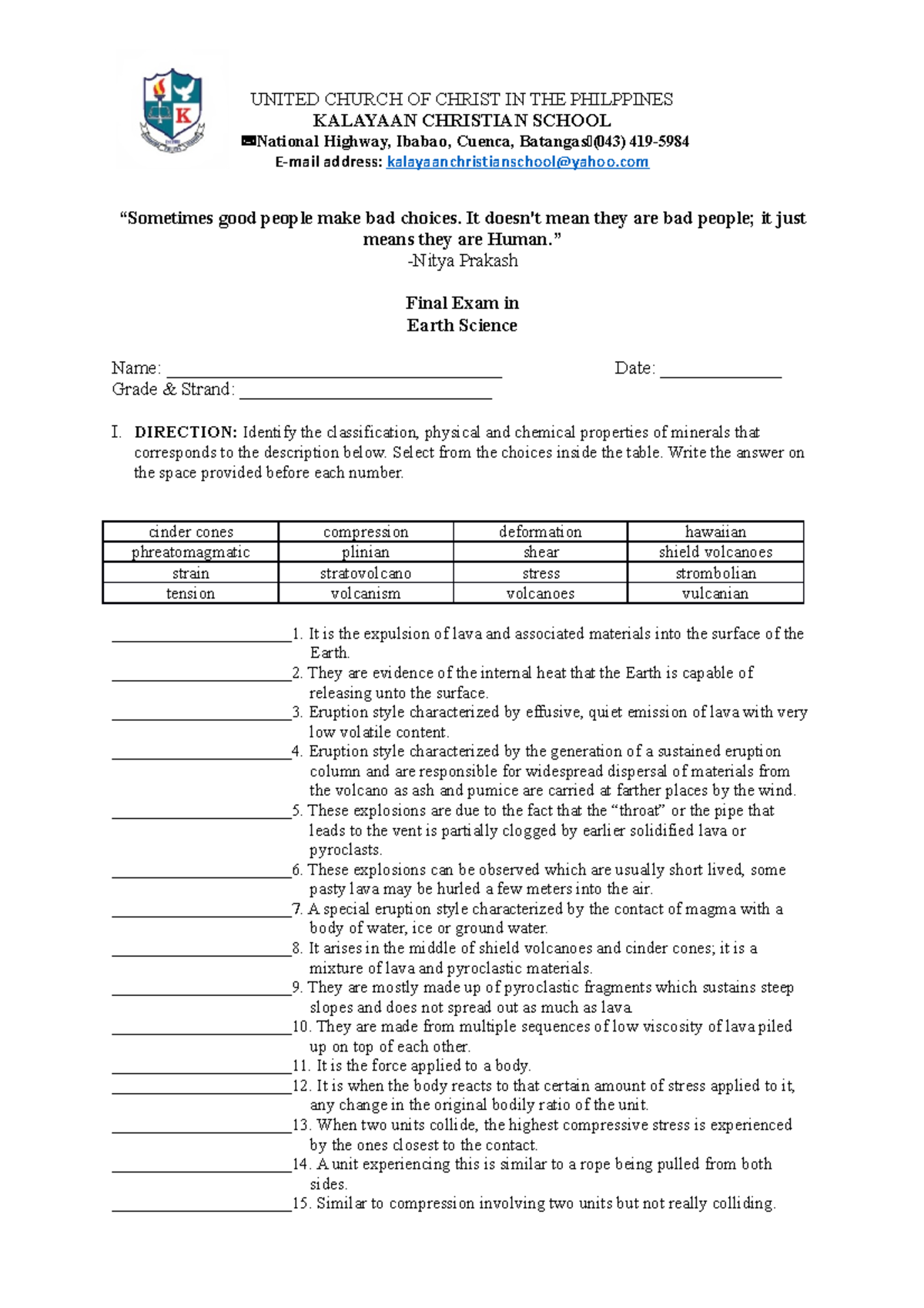 4 Final Exam in Earth Science - UNITED CHURCH OF CHRIST IN THE ...