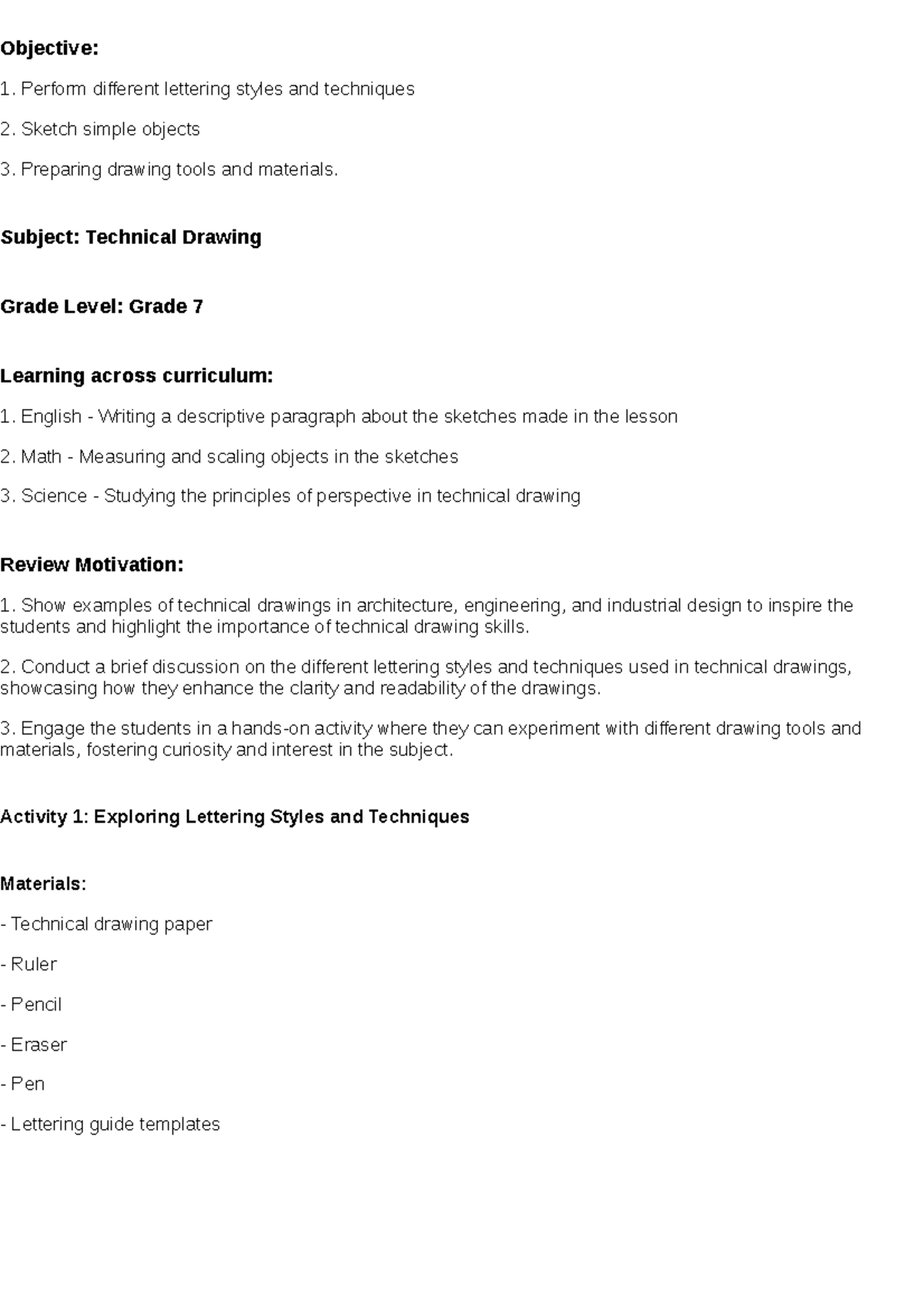 Lesson plan - Objective: Perform different lettering styles and ...