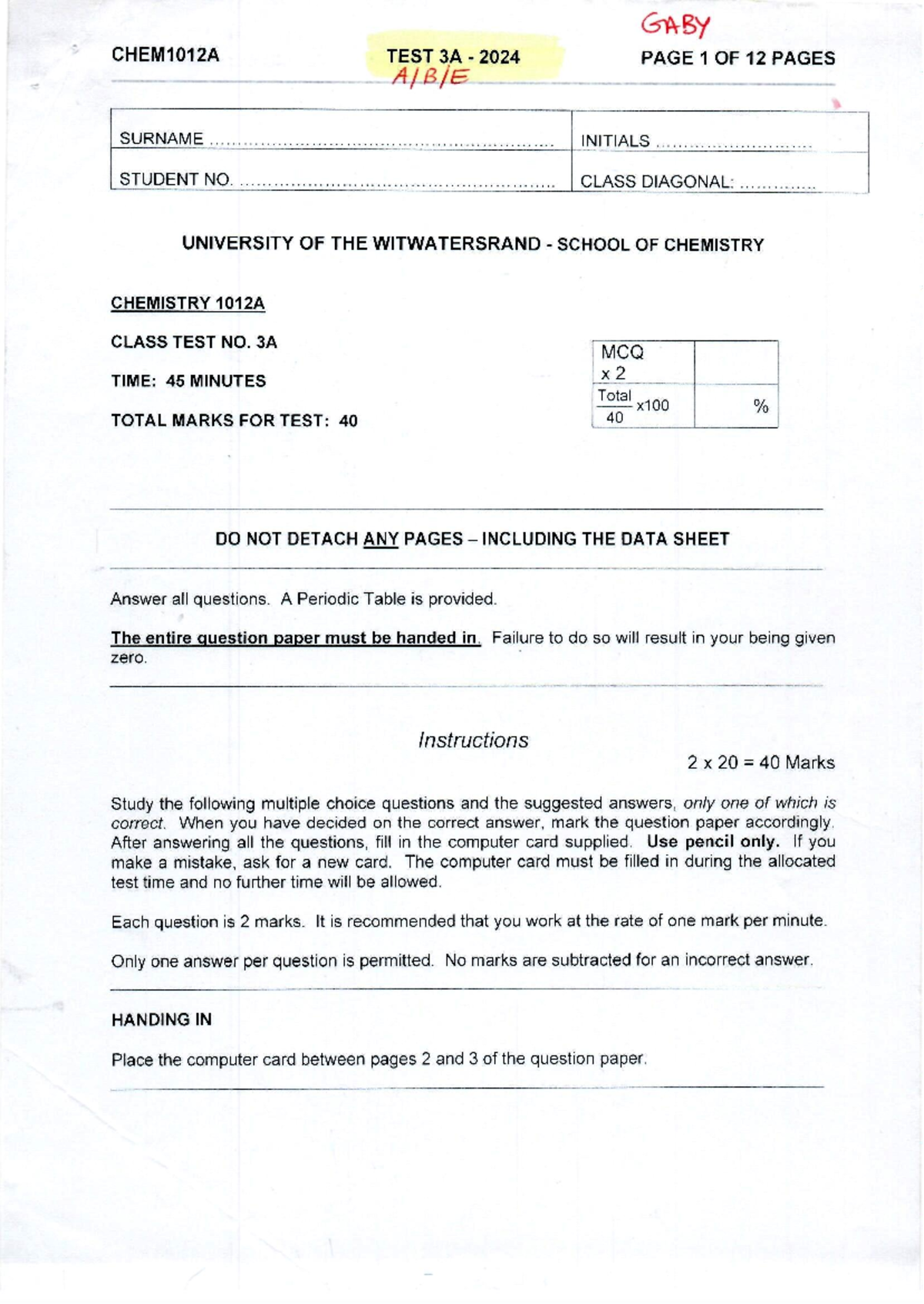 CHEM1012 Test3- 2024- MEMO - GA CHEM1012A TEST 3A 2024 PAGE 1 OF 12 ...