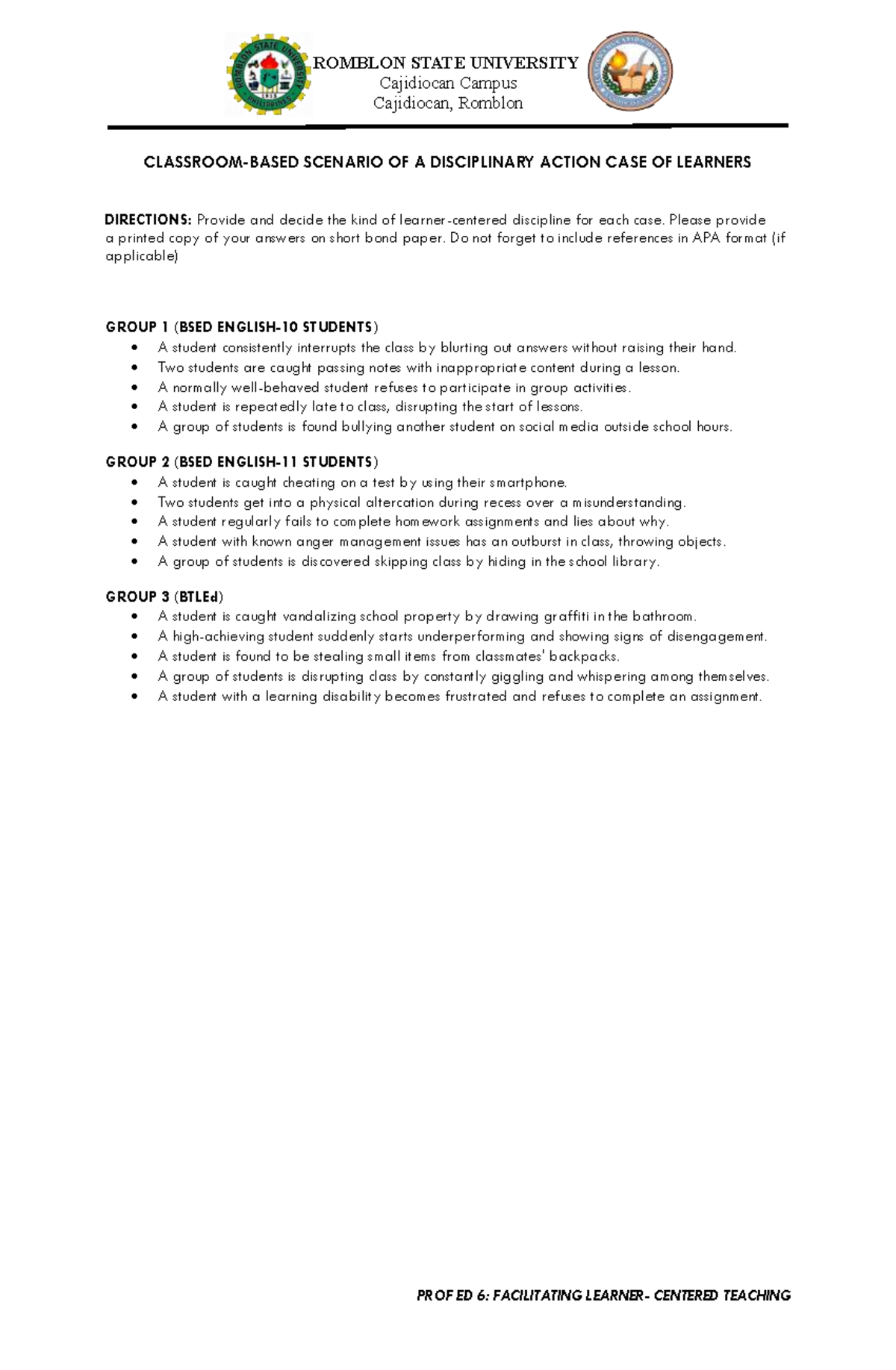 UNIT 3 Activities Rubric PROF ED 6 - Cajidiocan Campus Cajidiocan ...