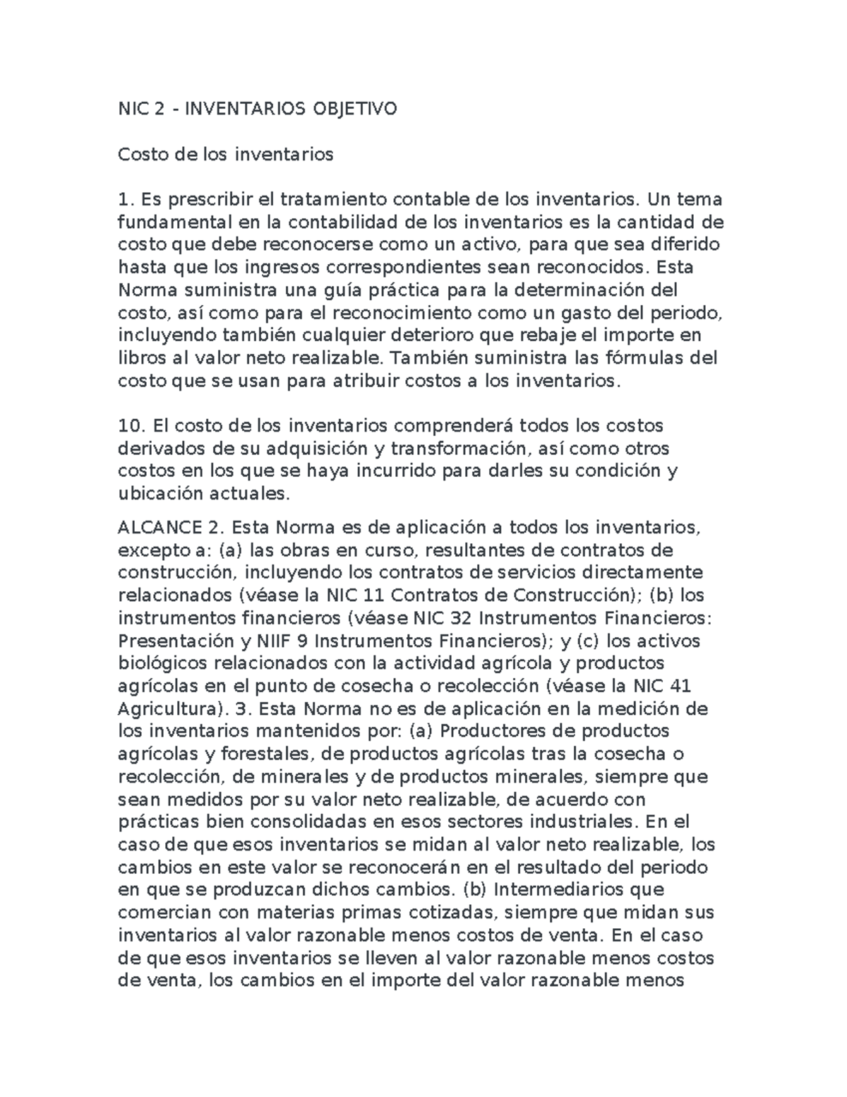 NIC 2 - Resumen Contabilidad I - NIC 2 - INVENTARIOS OBJETIVO Costo de ...